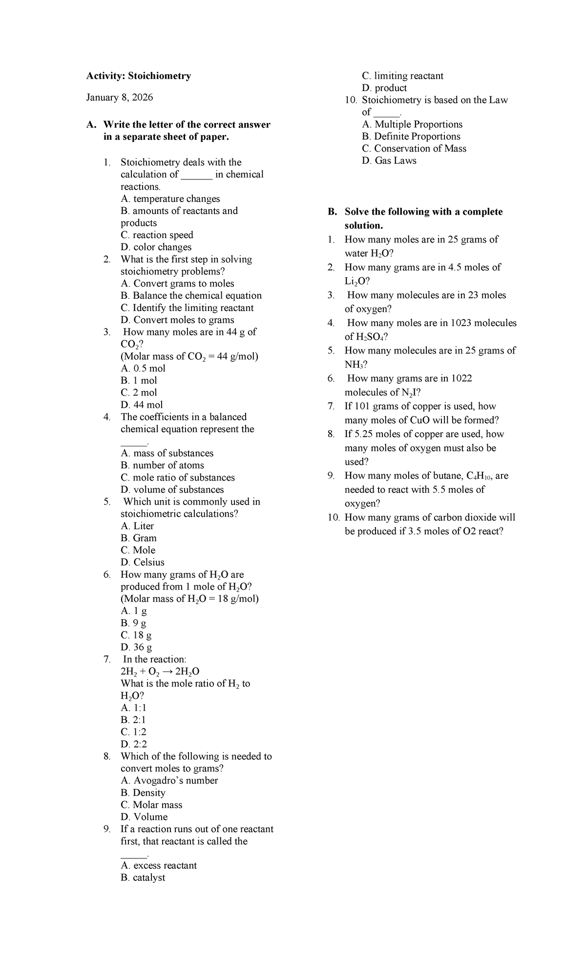 Activity: Stoichiometry Practice Questions for Chem 101 - Studocu