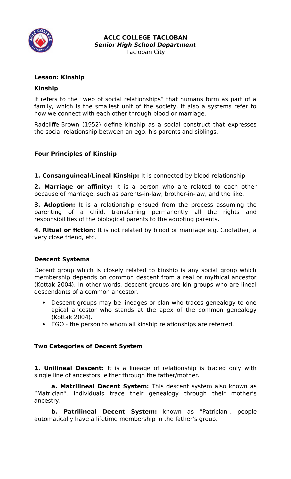 ACLC COLLEGE TACLOBAN Senior High School UCSP Lesson: Kinship and ...