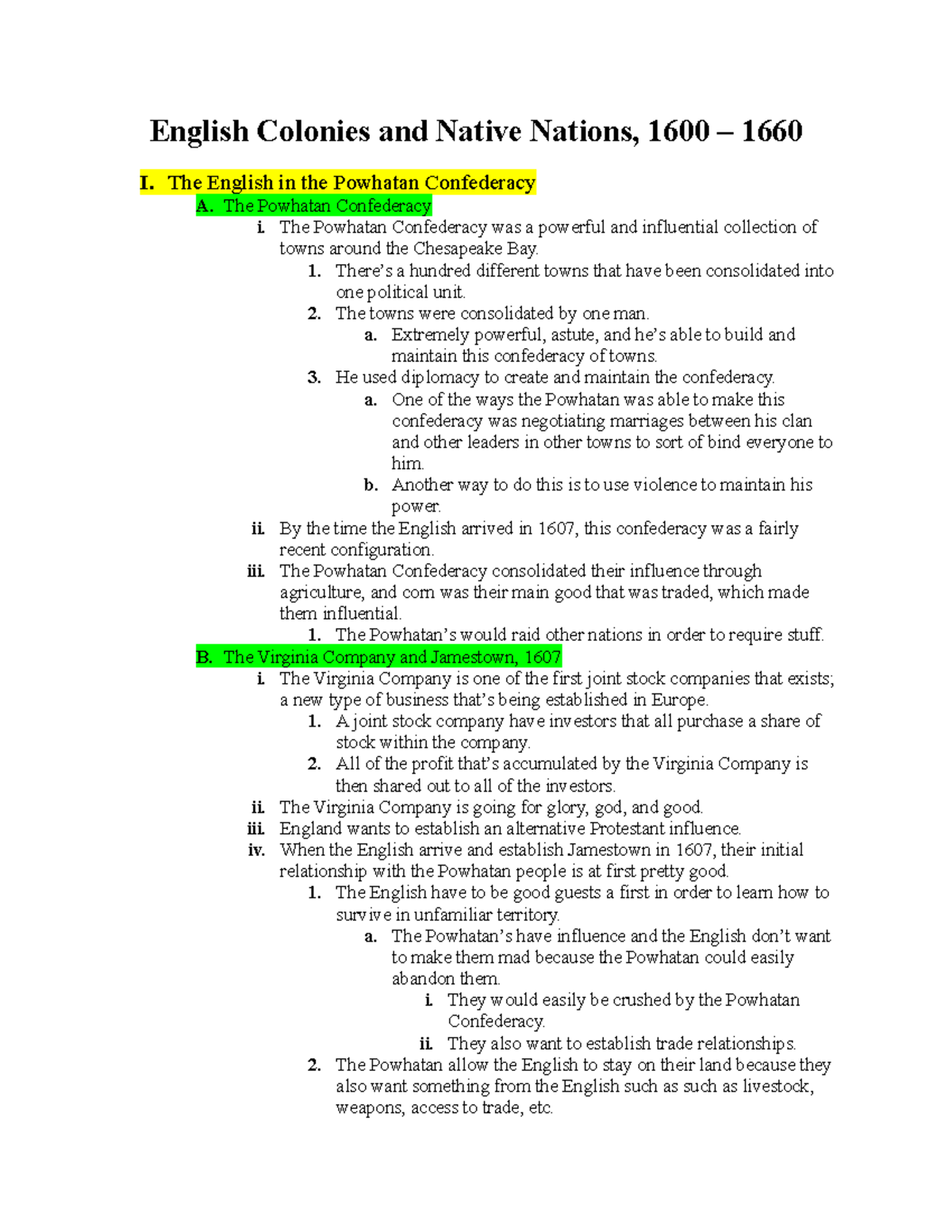 English Colonies & Native Nations: Dynamics 1600-1660 - Studocu