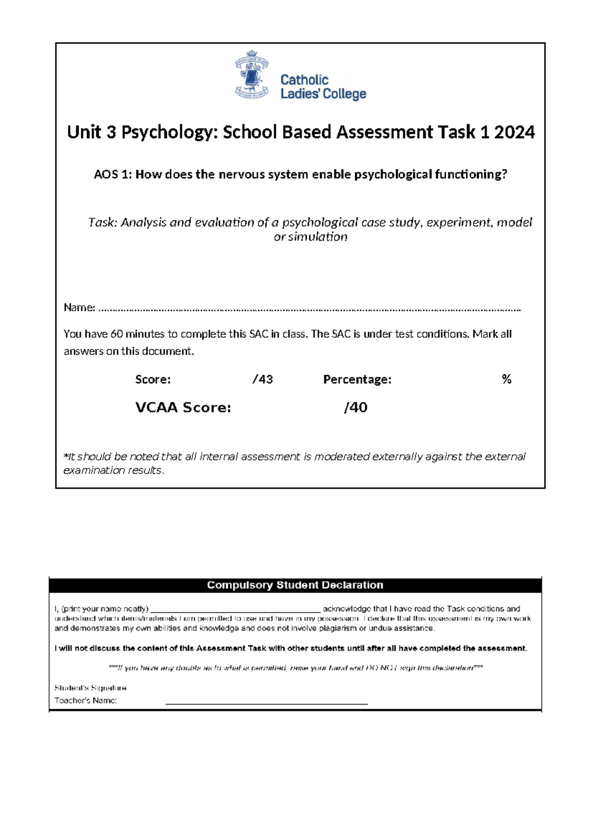 Unit 3 Psychology AOS 1: Biological Bases & Stress SAC 2024 - Studocu