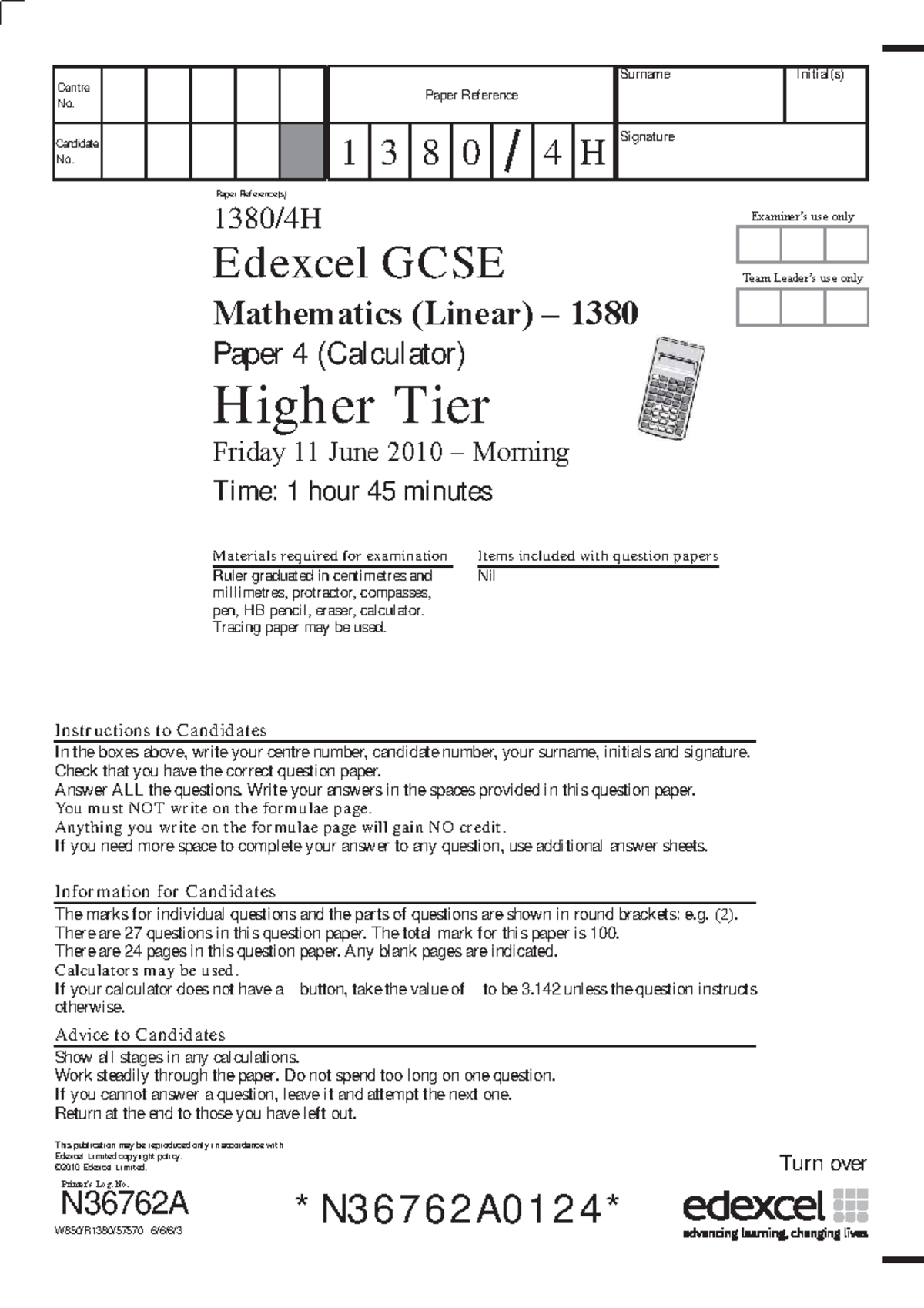 GCSE Mathematics (Linear) 1380 Paper 4 Higher Tier Past Exam - June ...