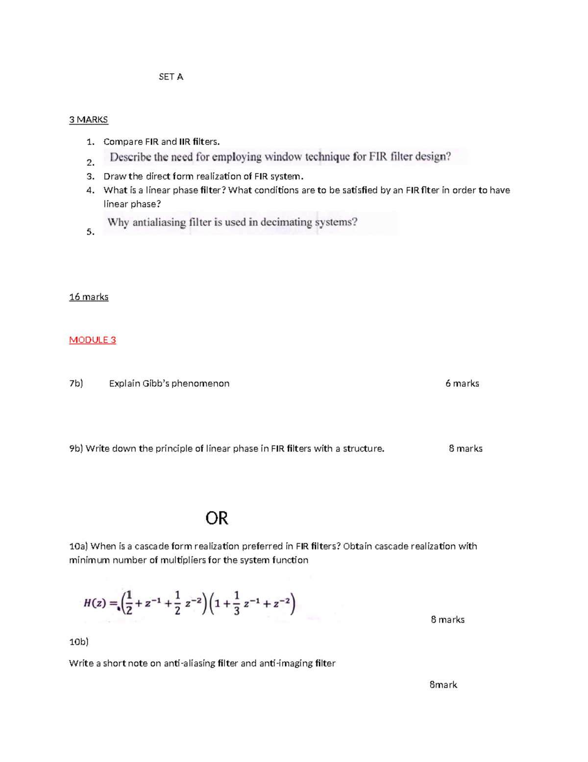 DSP Modulewise Sample Questions for Filters and Realizations - Studocu