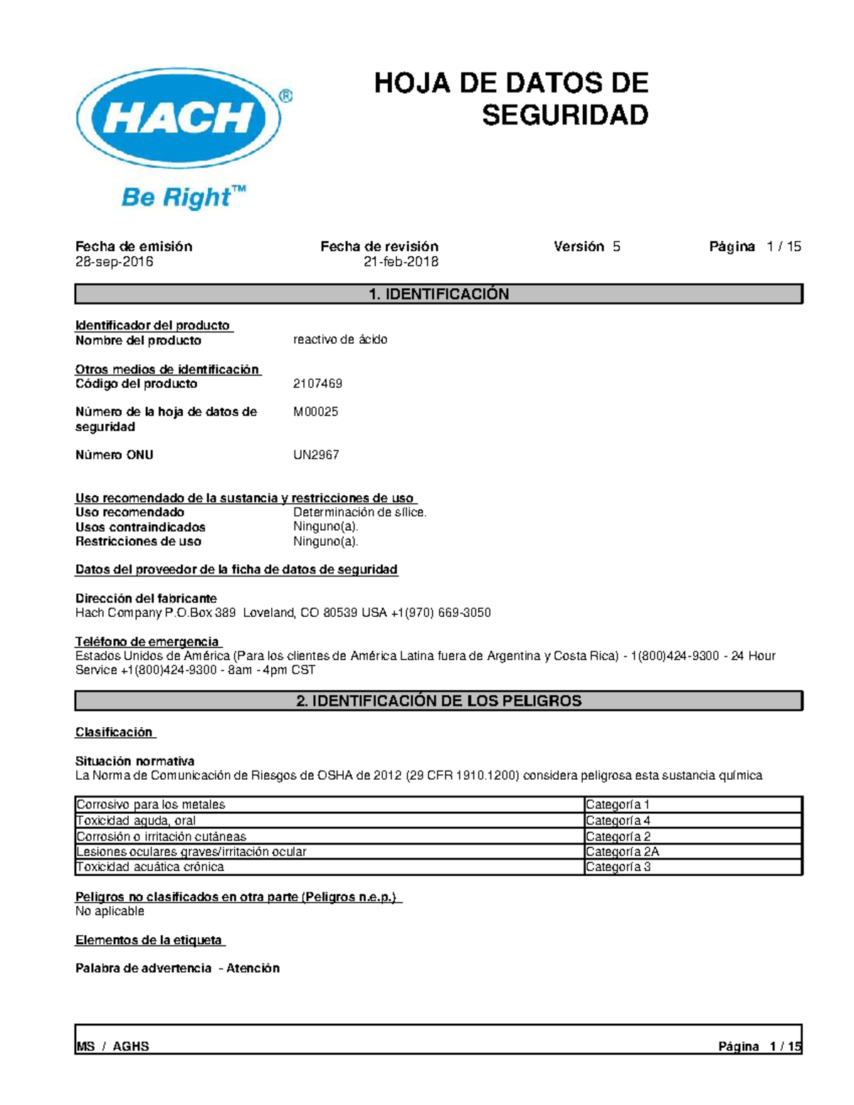 Hoja de Datos de Seguridad del Reactivo de Ácido HACH (Código 2107469 ...