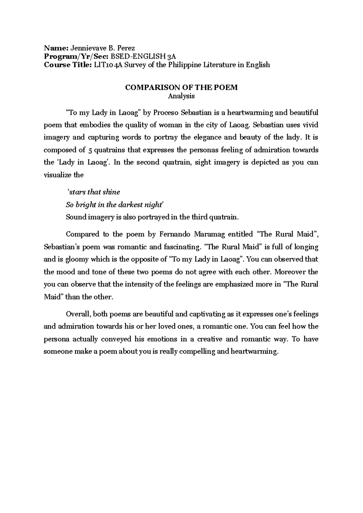LIT104A Final Exam: Poem Comparison - My Lady vs. Rural Poem - Studocu