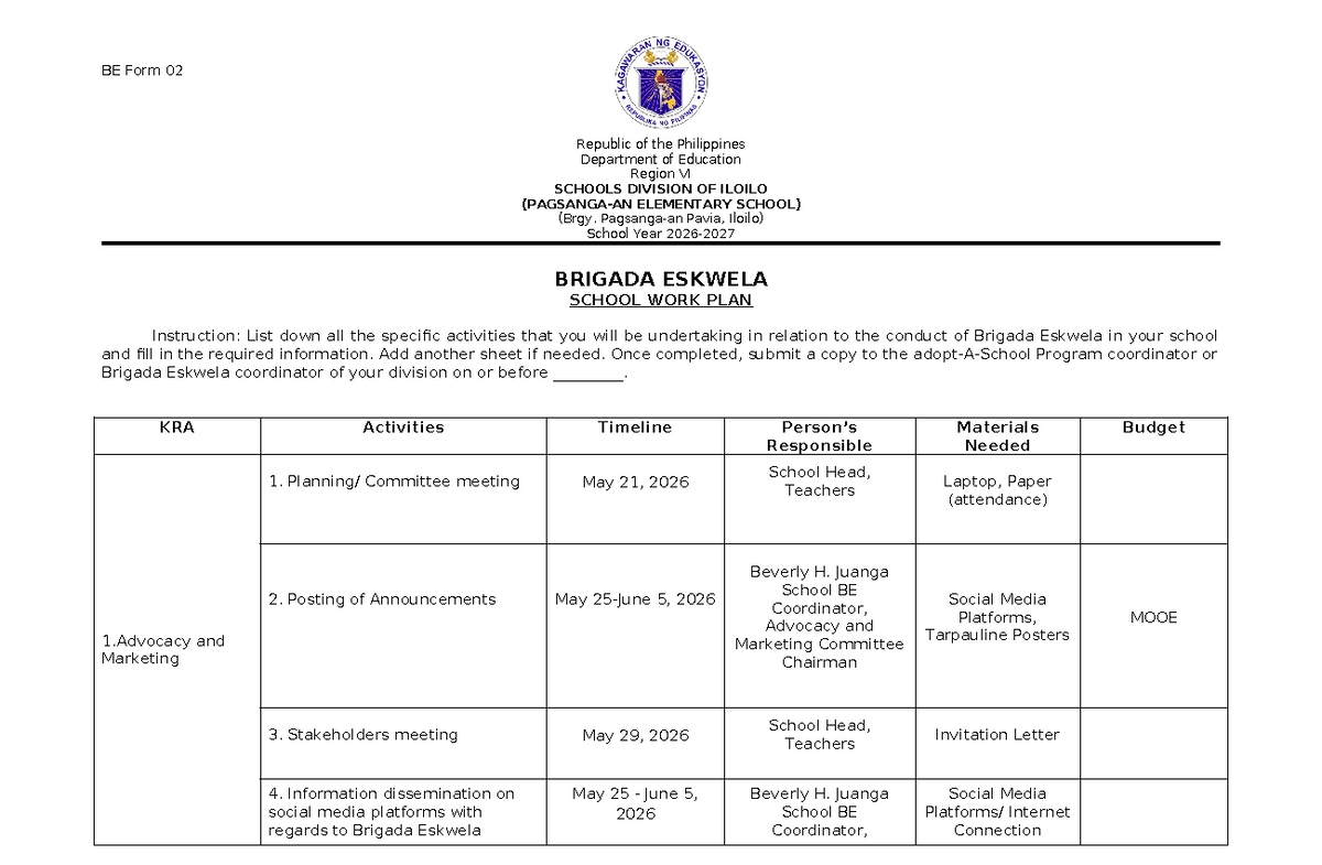 BE Form 02: Brigada Eskwela School Work Plan 2026 - Studocu
