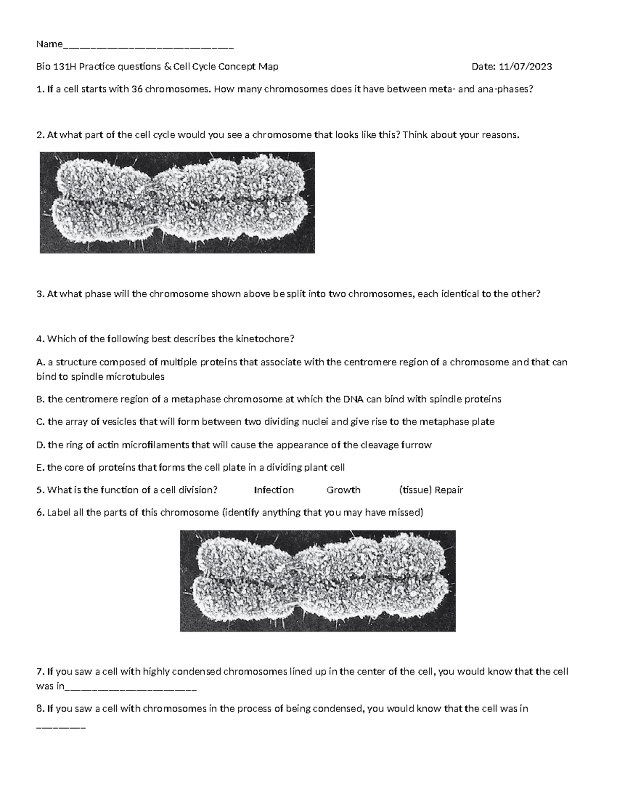 Bio 131H Practice Questions & Cell Cycle Concept Map Review - Studocu