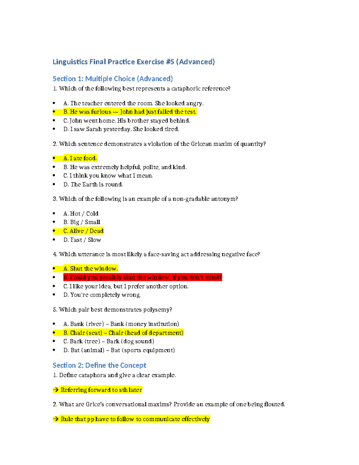 Linguistics 5 Advanced Final Practice Exercise: MCQs & Concepts - Studocu