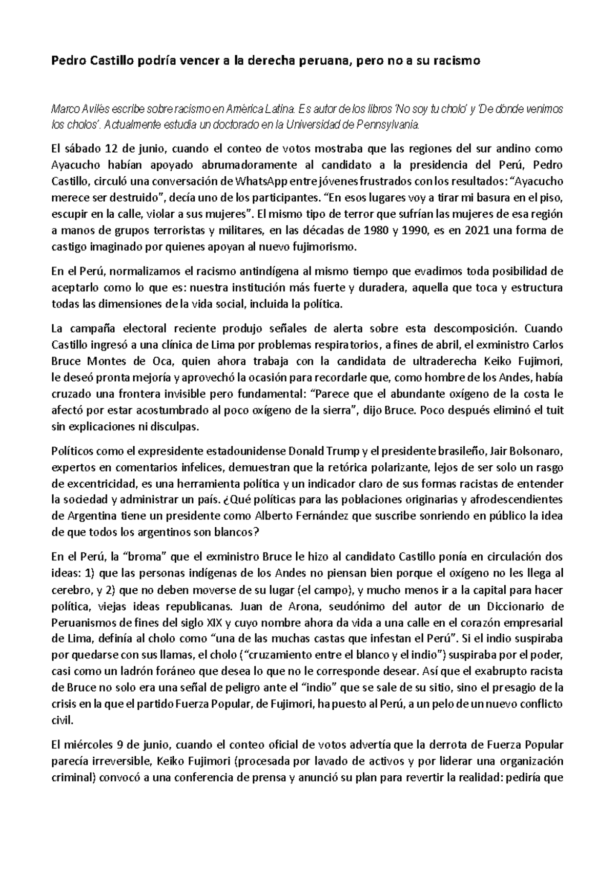 Racismo y Política en Perú: Análisis de la Elección de Castillo - Studocu