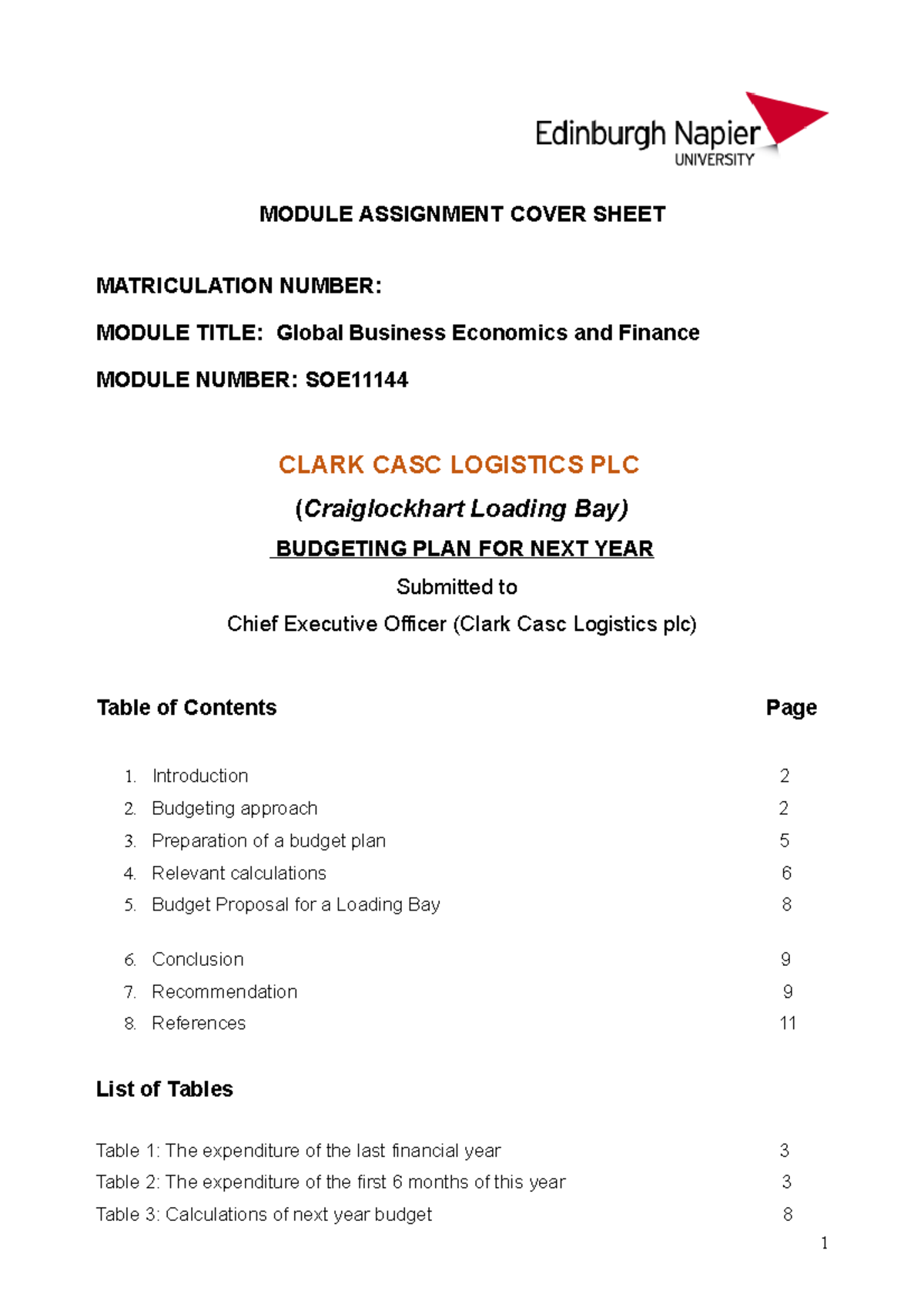 Budgeting Plan for Clark Casc Logistics PLC (SOE Module Assignment ...