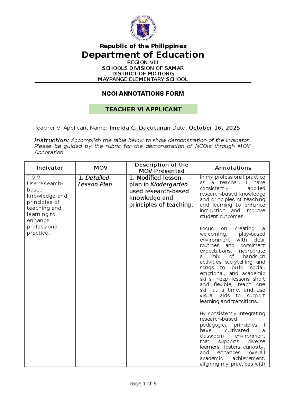 NCOI Annotations Form for Teacher VI Applicant (Imelda C. Dacutanan) - Studocu