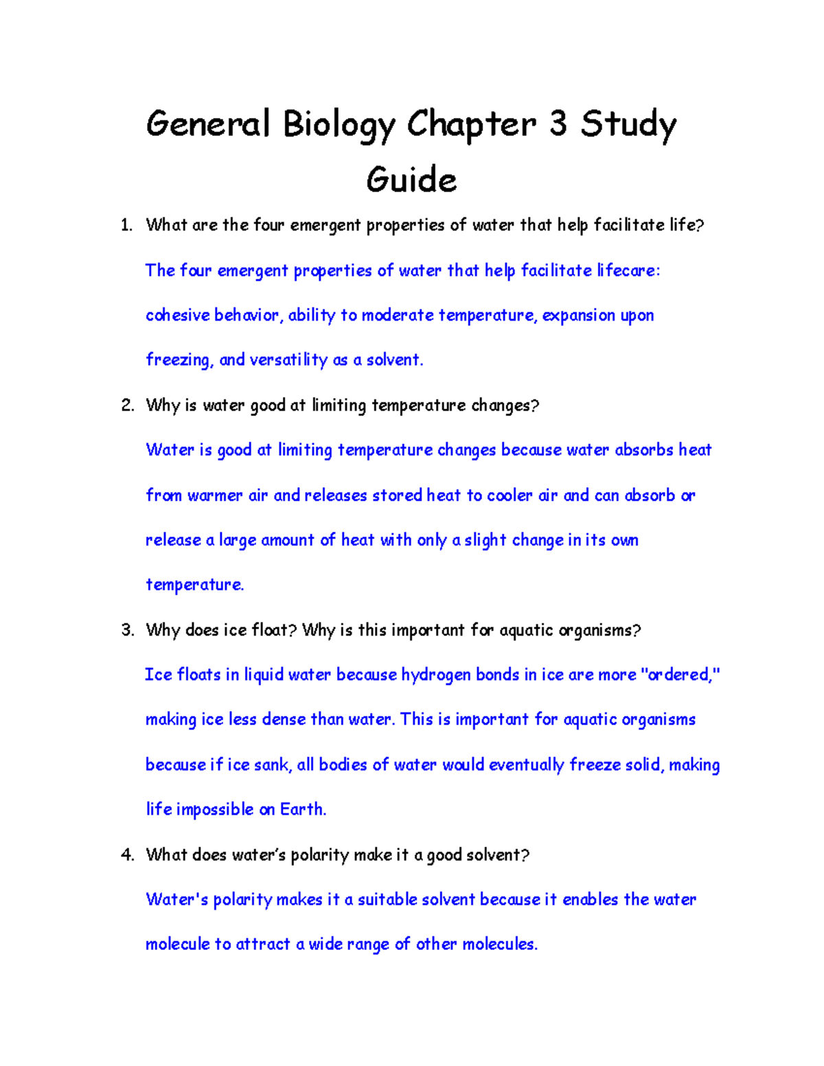 General Biology (BIOL 101) Chapter 3 Study Guide: Water Properties ...