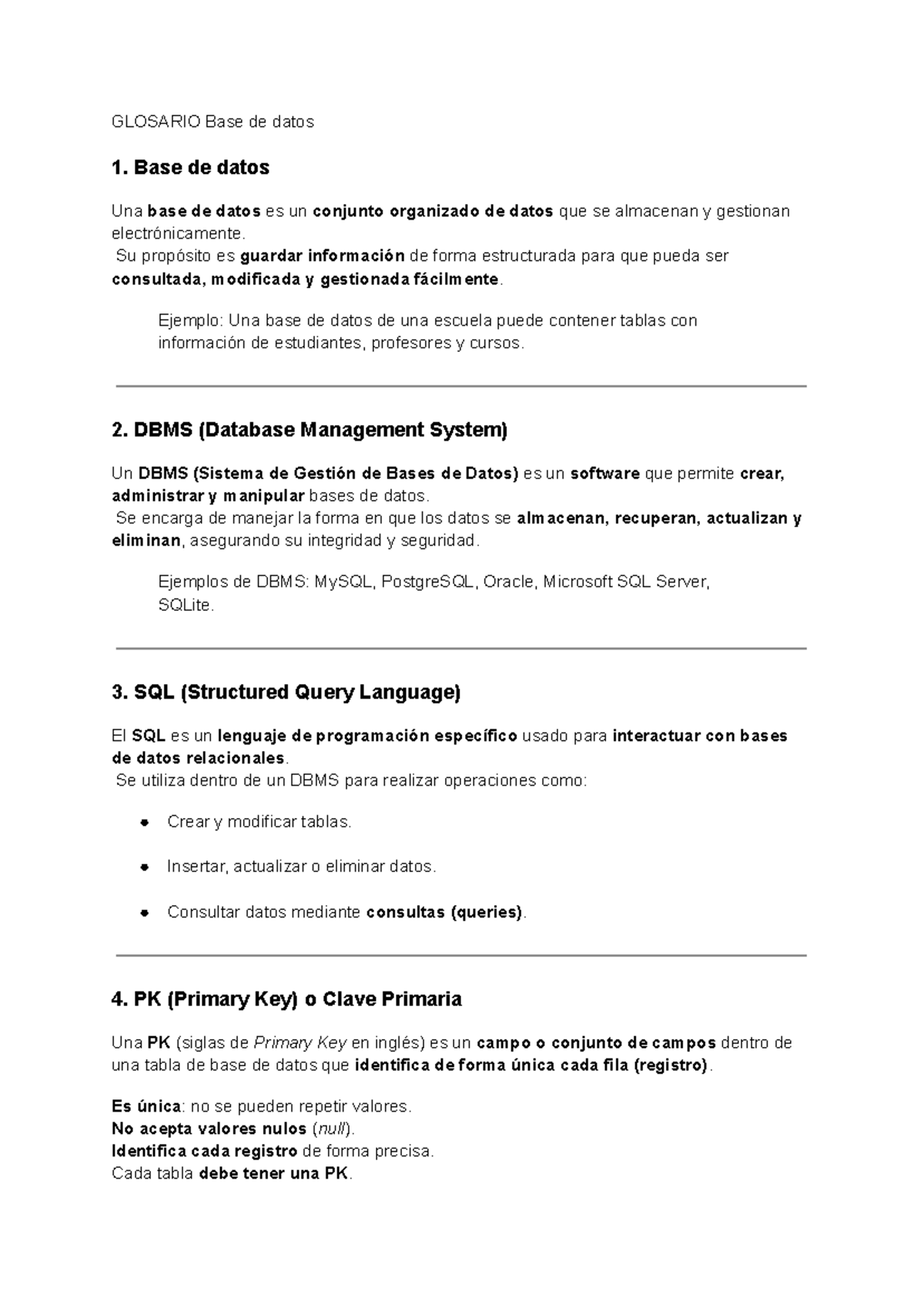 Glosario de Términos en Bases de Datos 1 - DBMS y SQL - Studocu
