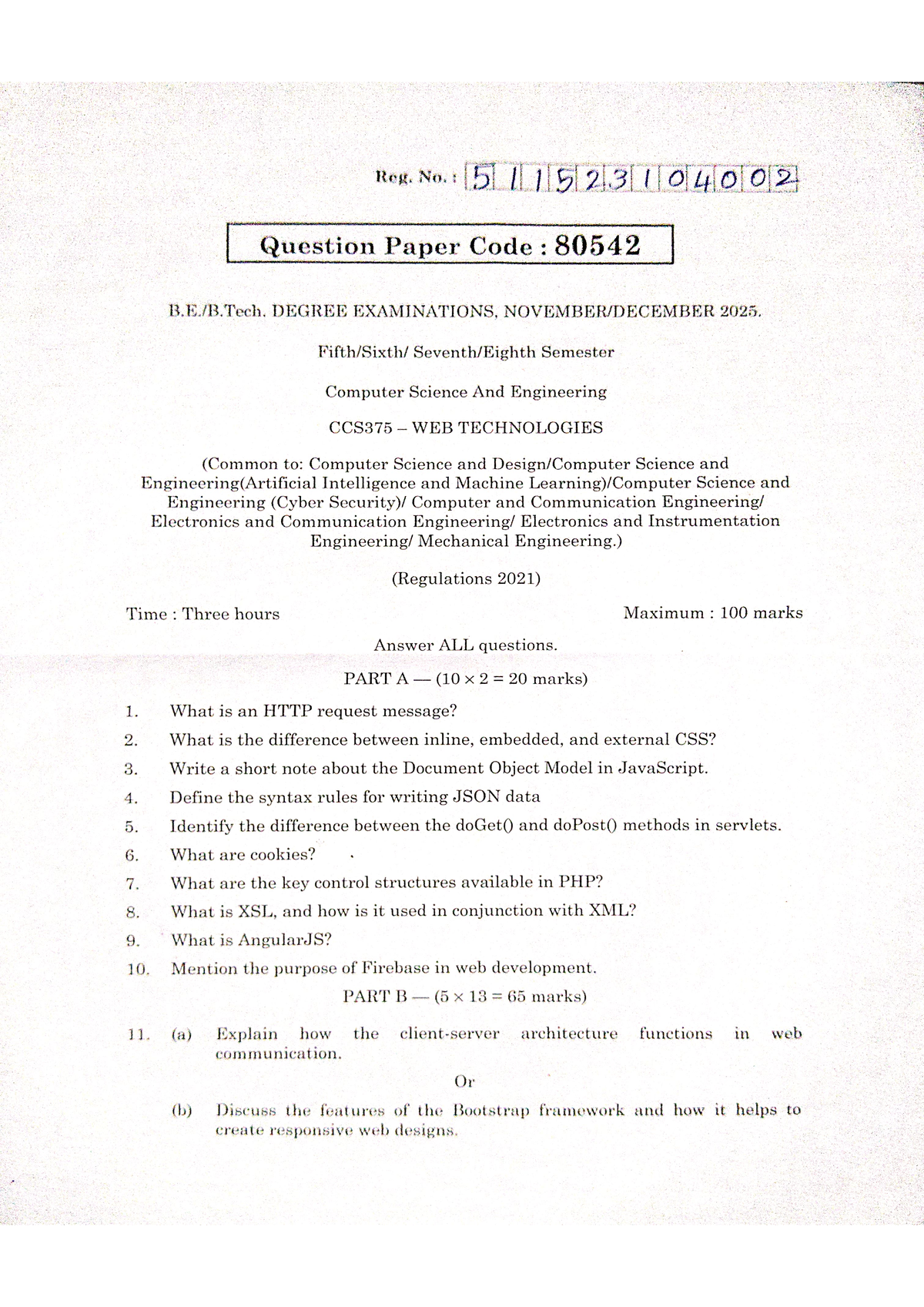 CCS375 Web Technologies Degree Exam Question Paper 2025 - Studocu