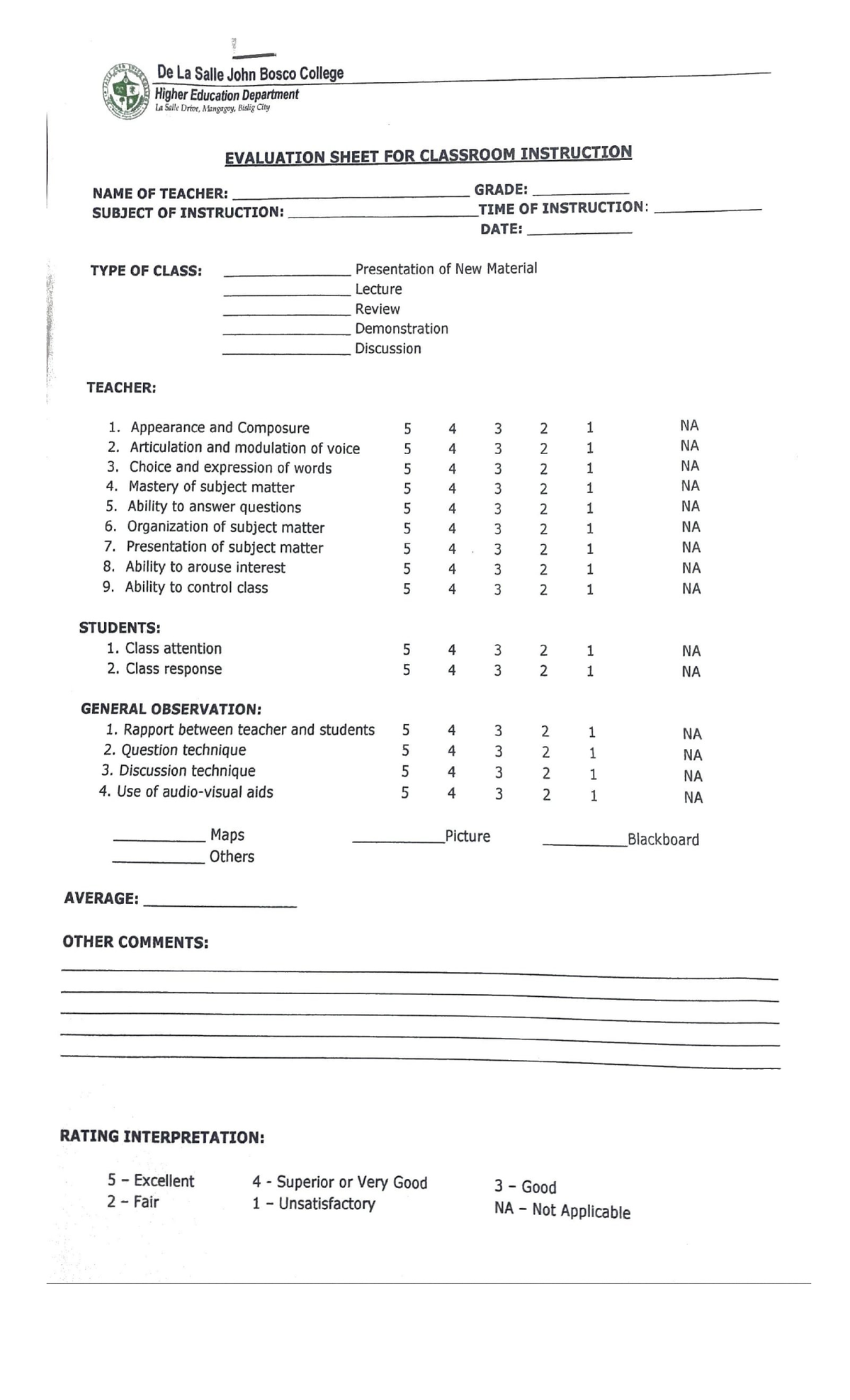 Evaluation Sheet for Classroom Instruction (EDU 101) - Studocu