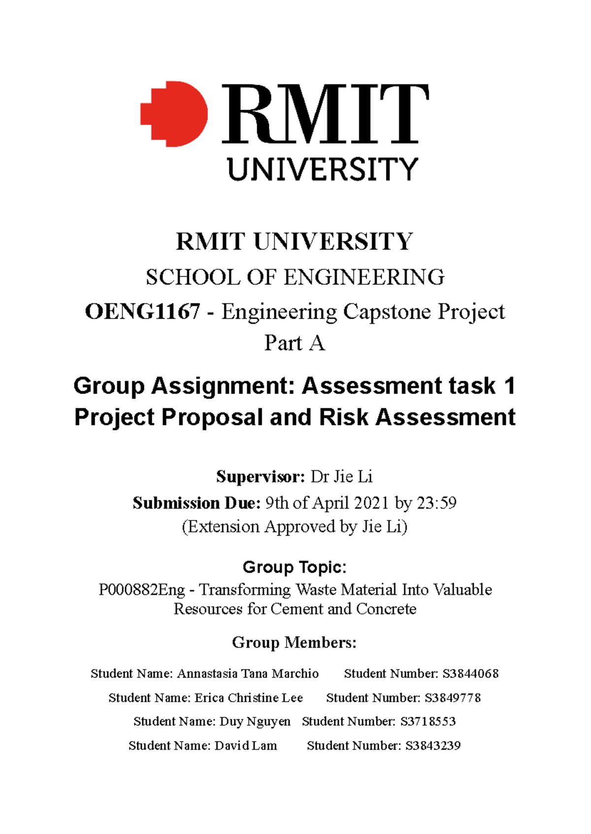 OENG1167 Engineering Capstone Project Part A: Proposal & Risk ...