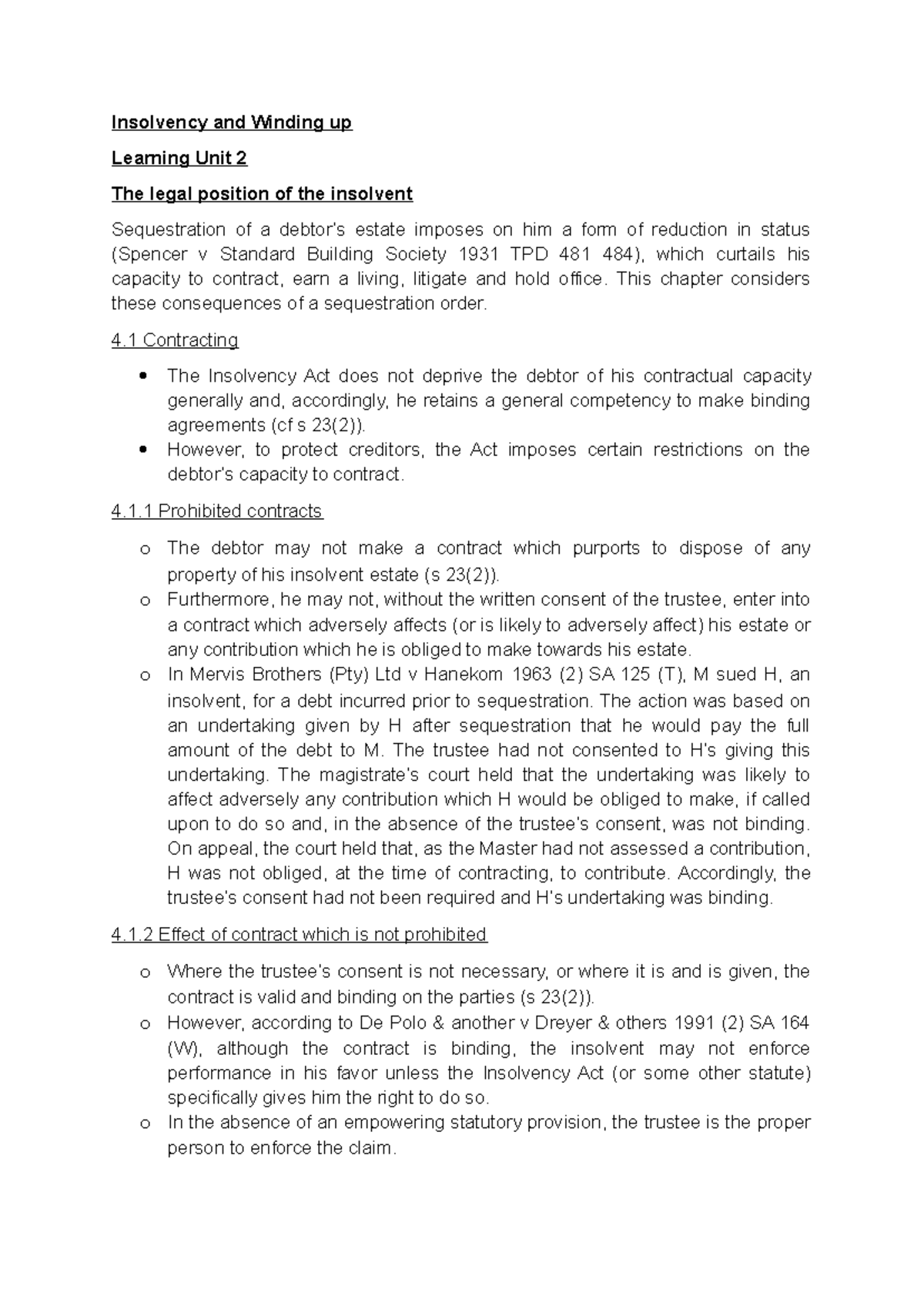 Insolvency Law: Unit 2 - Legal Implications of Sequestration - Studocu