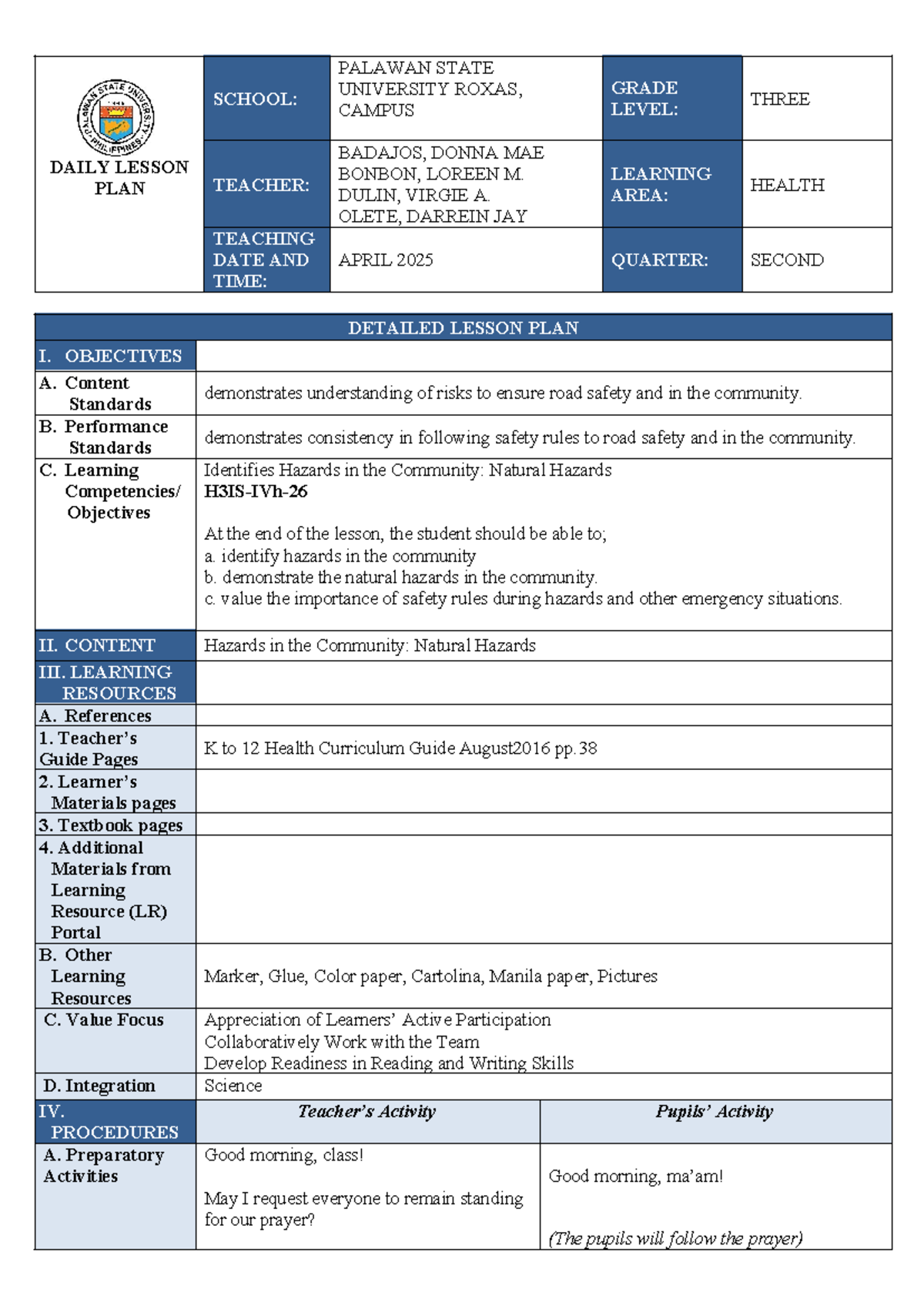 LP-IN-PEH2: Detailed Daily Lesson Plan on Community Hazards - Studocu
