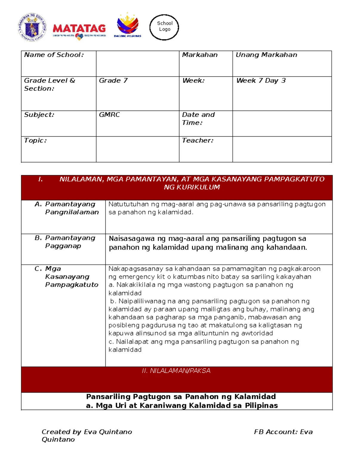 DLP Q1 GMRC 7: Paghahanda at Pagtugon sa Kalamidad - Week 7 Day 4 - Studocu