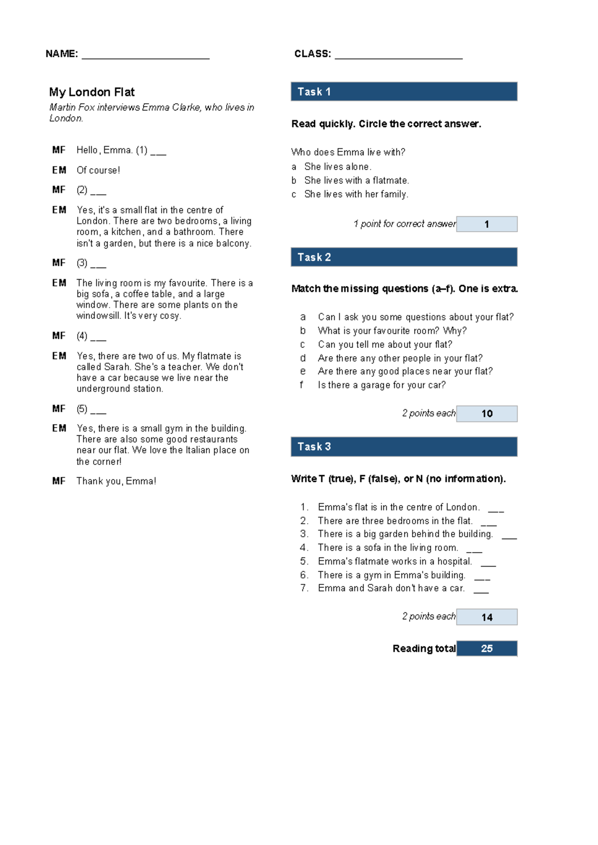 Reading Practice Homes V2: My London Flat Task 1 & 2 - Studocu