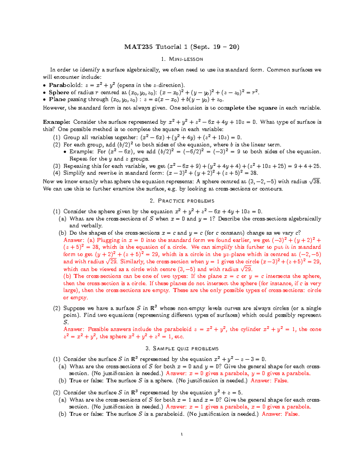 Tutorial 1 worksheet (with solutions) - MAT235 Tutorial 1 (Sept. 19 ...