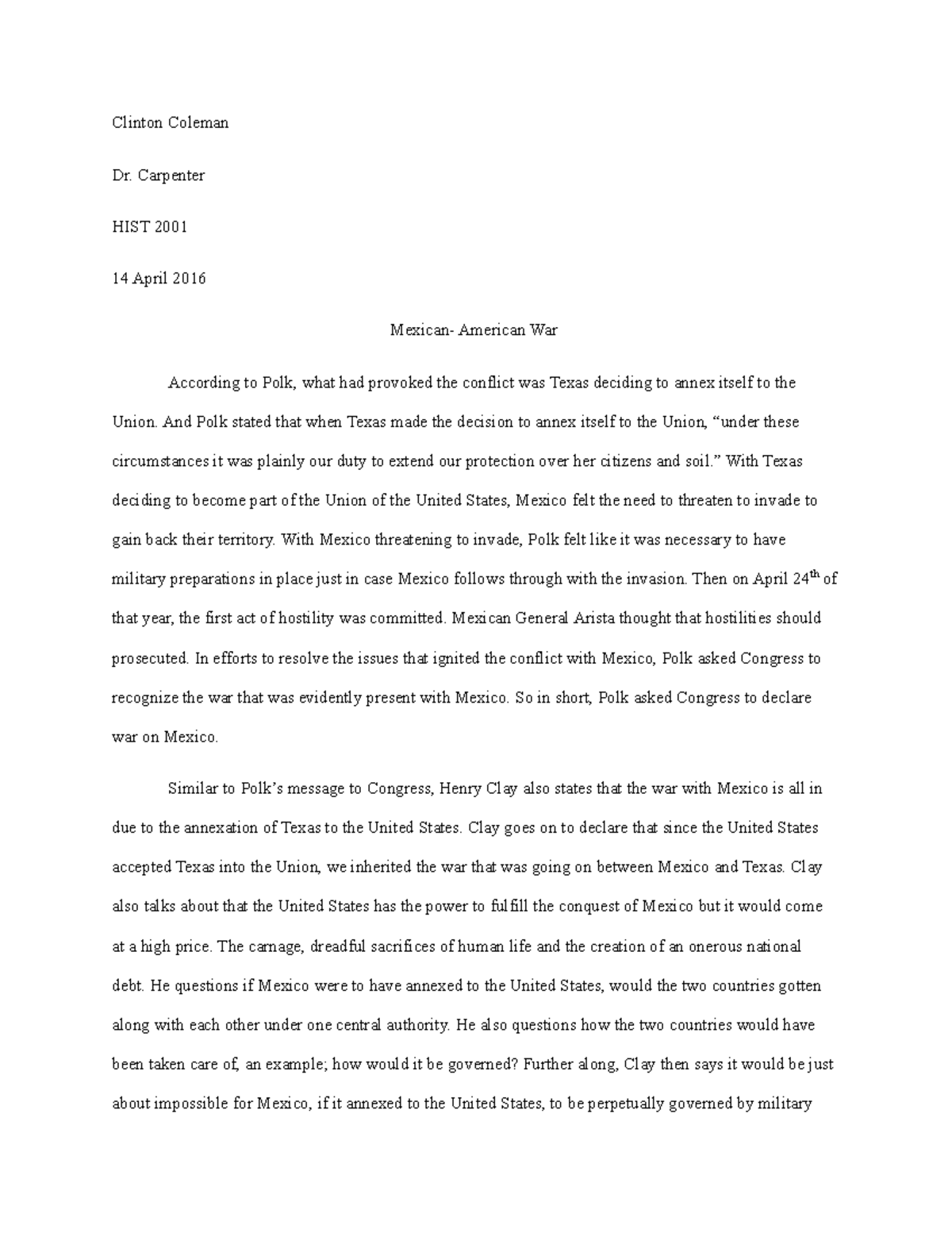 HIST 2001 Final Writing Assignment: Analyzing the Mexican-American War ...