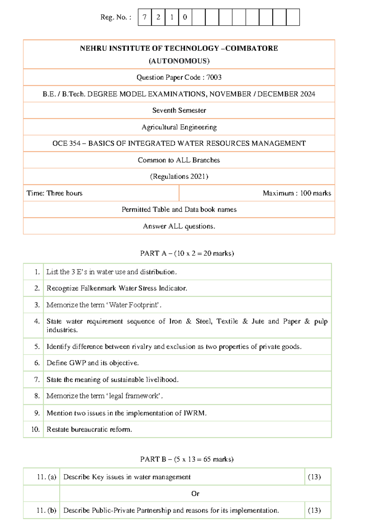 OCE 354 Model Question Paper for IWRM - Exam Nov/Dec 2024 - Studocu
