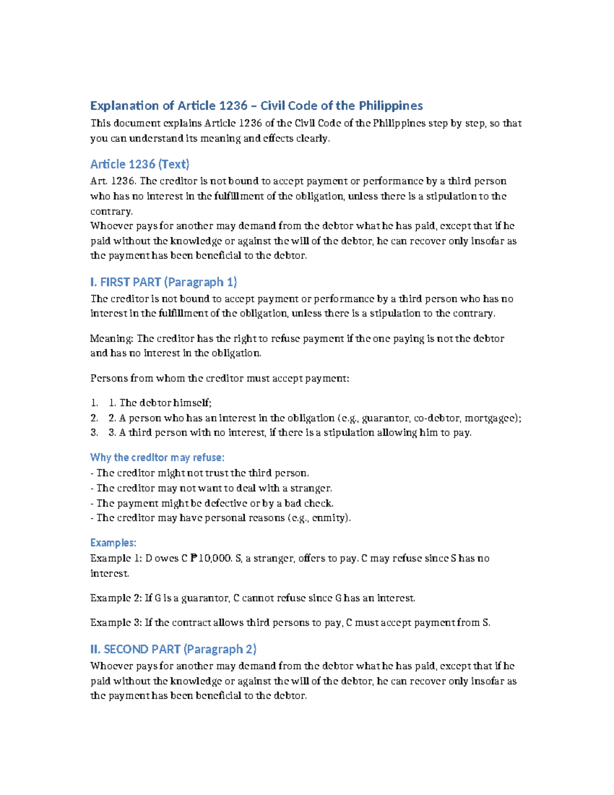Article 1236 Civil Code of the Philippines: Detailed Explanation - Studocu