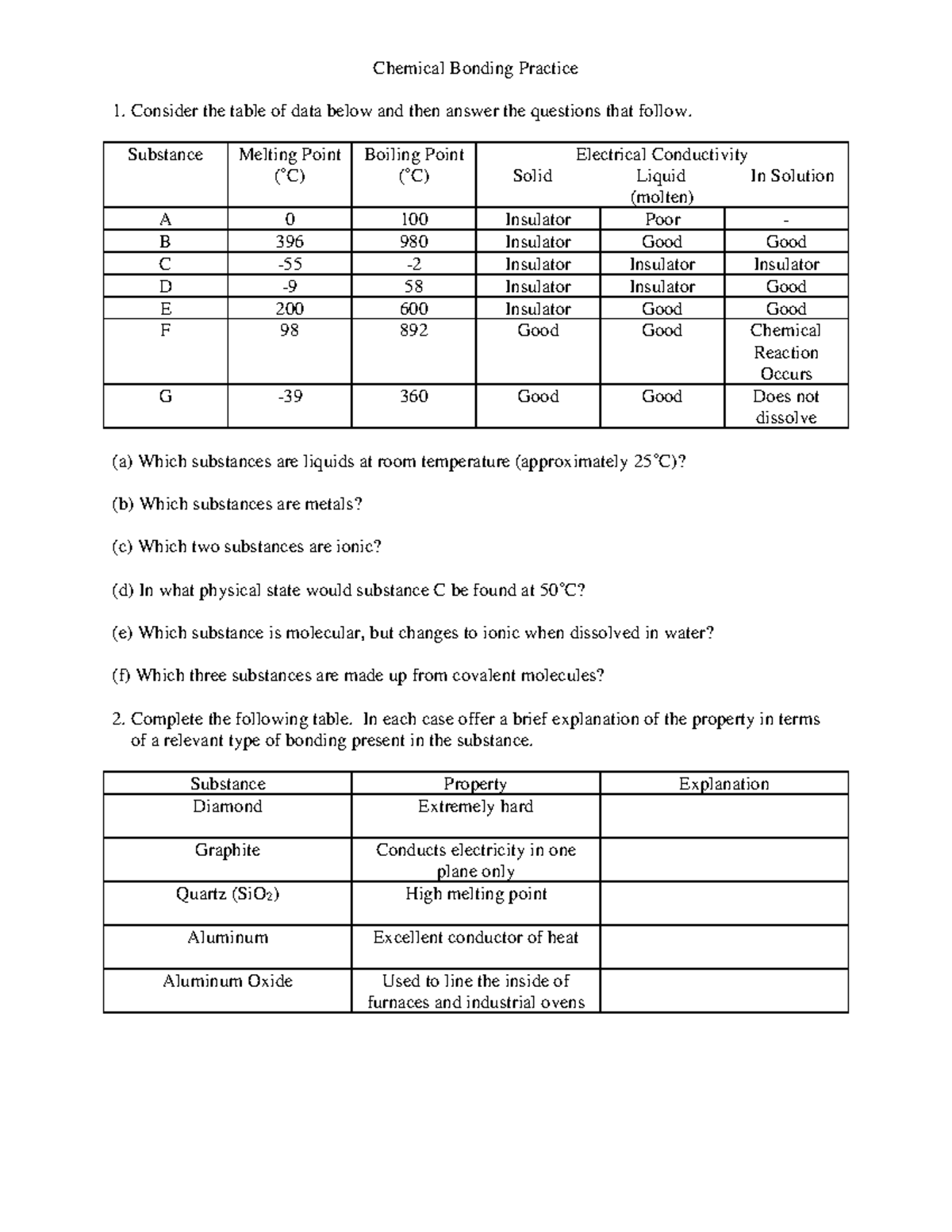 Chemical Bonding Practice 1: Properties and Explanations - Studocu
