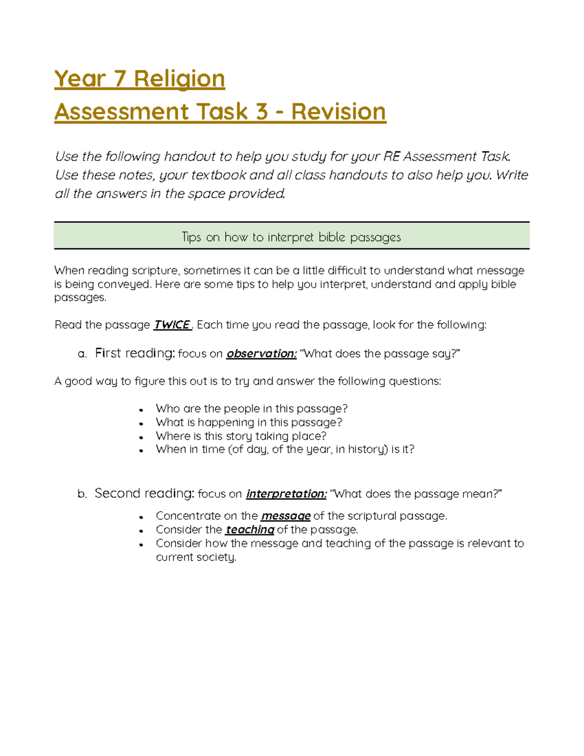 Year 7 Religion Assessment Task 3 - Study Notes & Revision Guide - Studocu