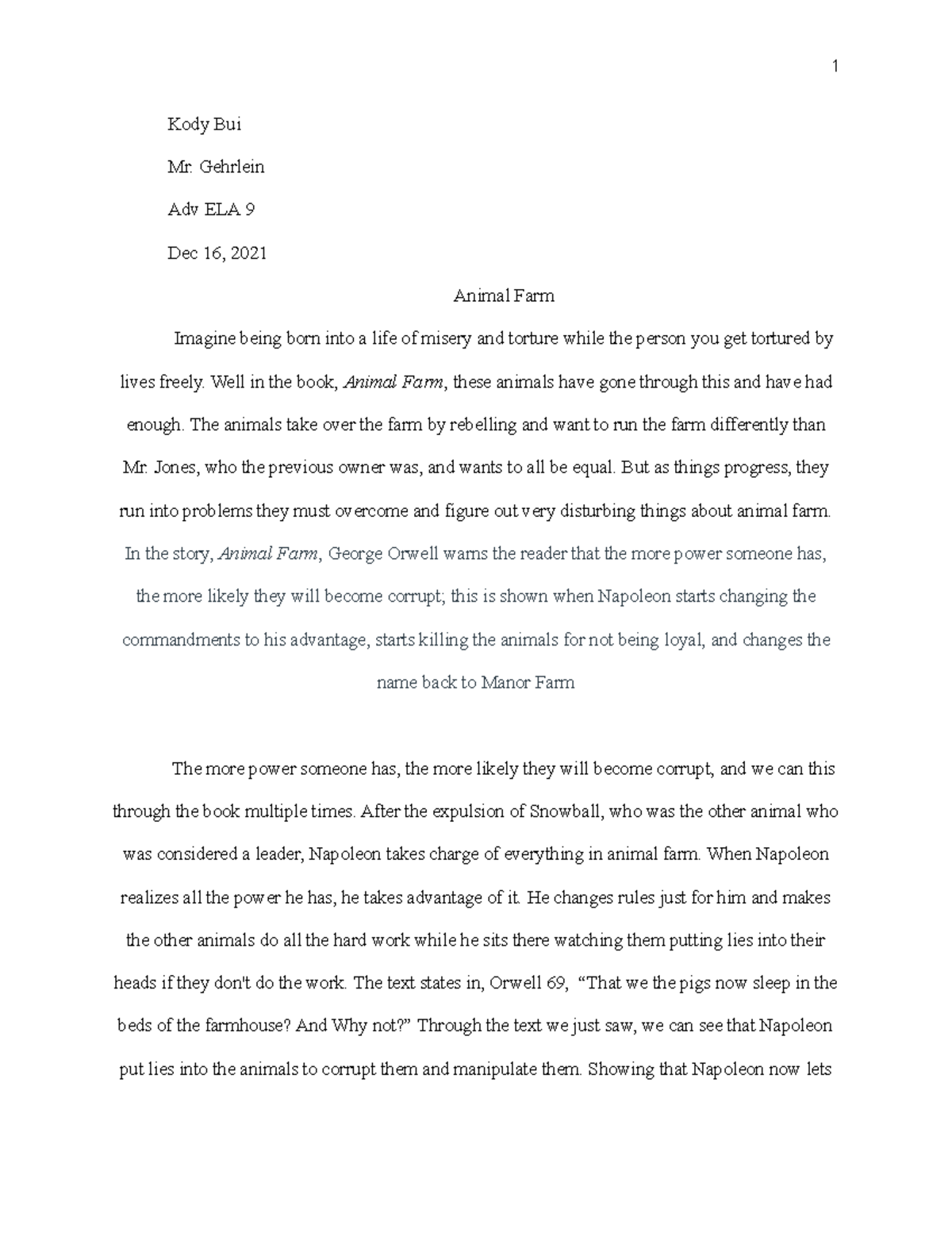 Animal Farm Essay - Grade: B - 1 Kody Bui Mr. Gehrlein Adv ELA 9 Dec 16 ...