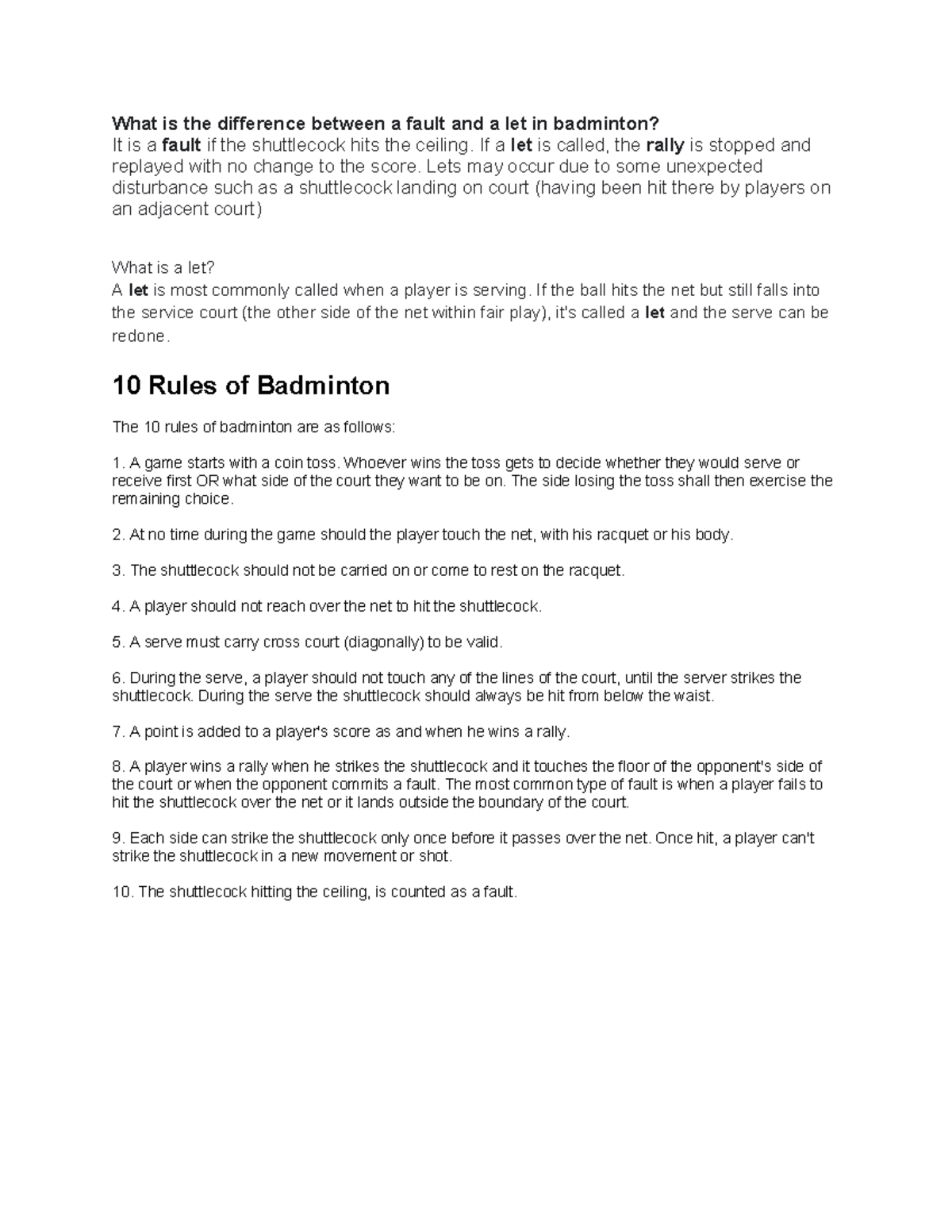 Understanding Faults and Lets in Badminton - PE and Health Guide - Studocu