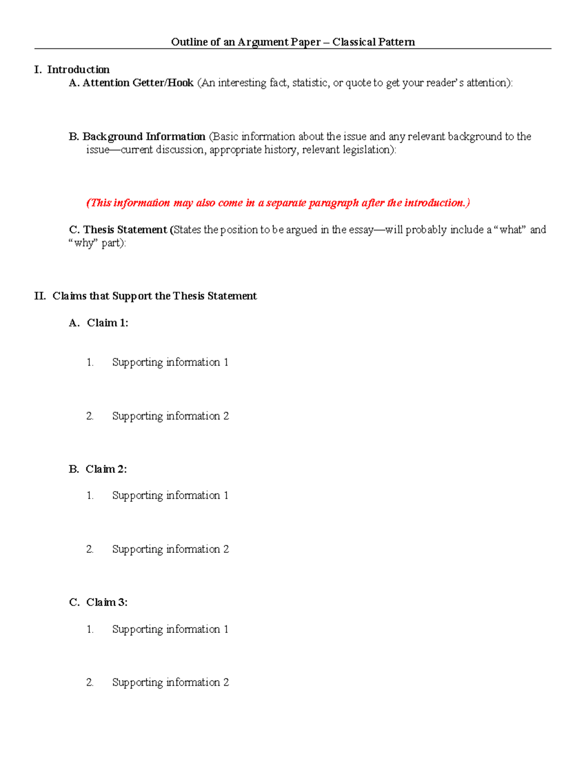 Argument Paper Outline Template - Outline of an Argument Paper ...
