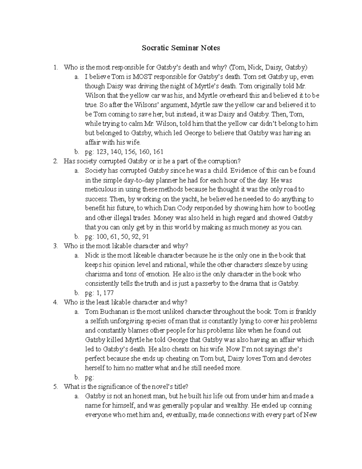 The Great Gatsby: Insights from Socratic Seminar Notes - Studocu