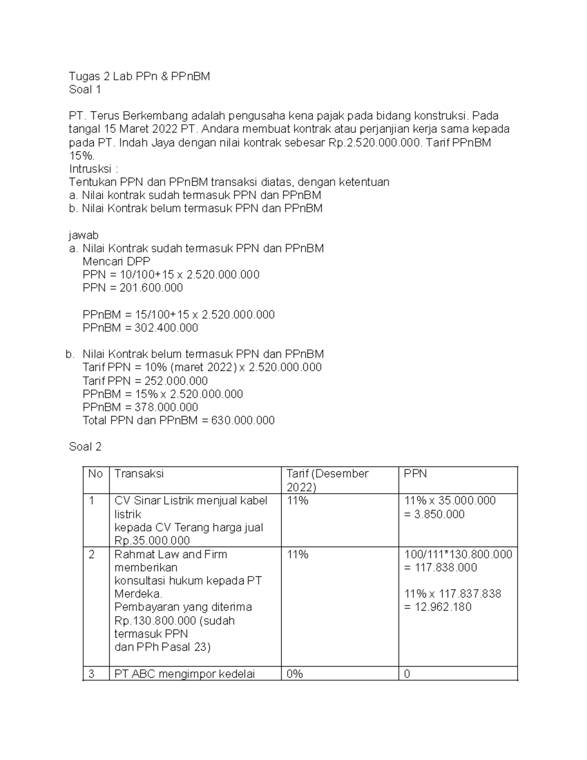 Tugas 2 Lab PPn - Tugas 2 Lab PPn & PPnBM Soal 1 PT. Terus Berkembang adalah pengusaha kena ...
