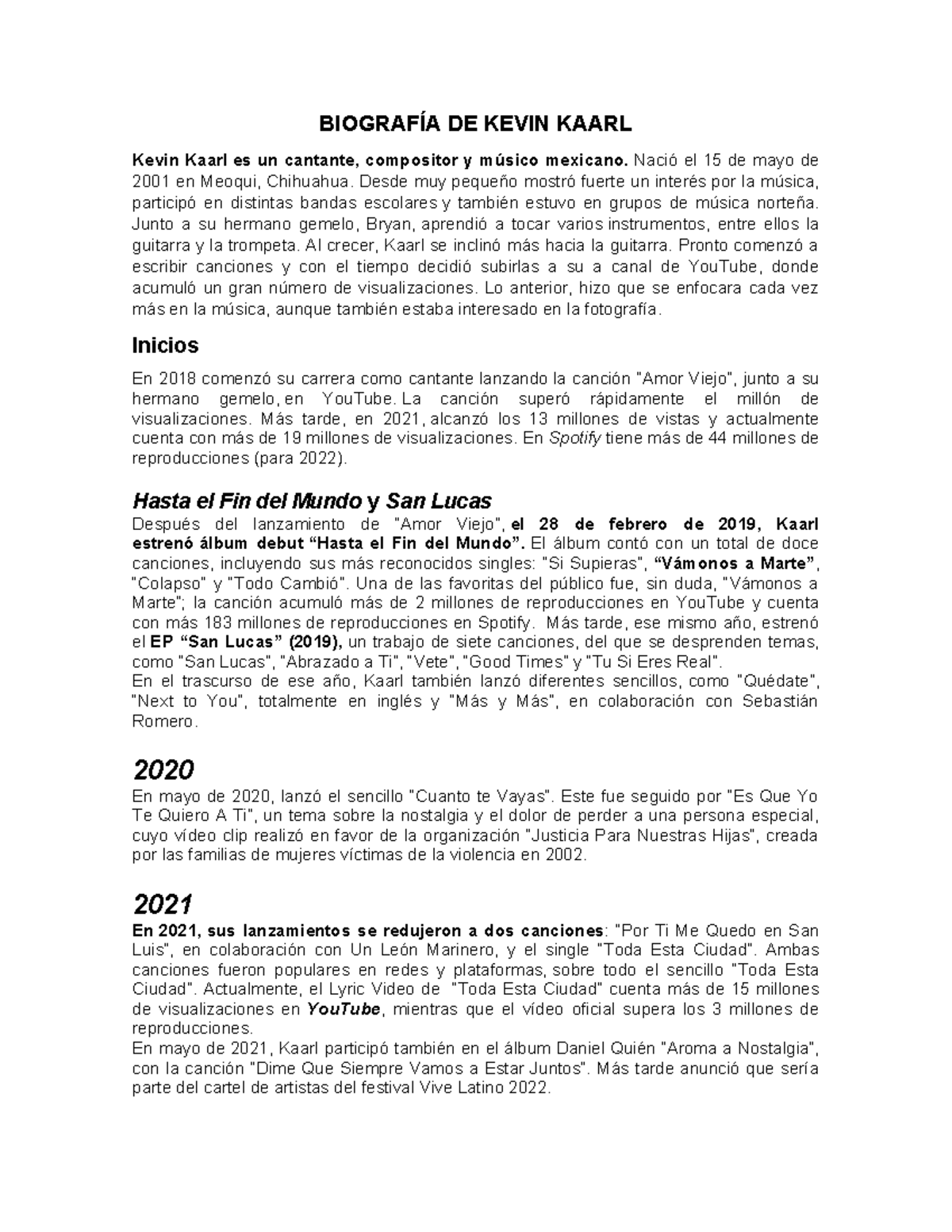 Biografía y Trayectoria Musical de Kevin Kaarl - Studocu