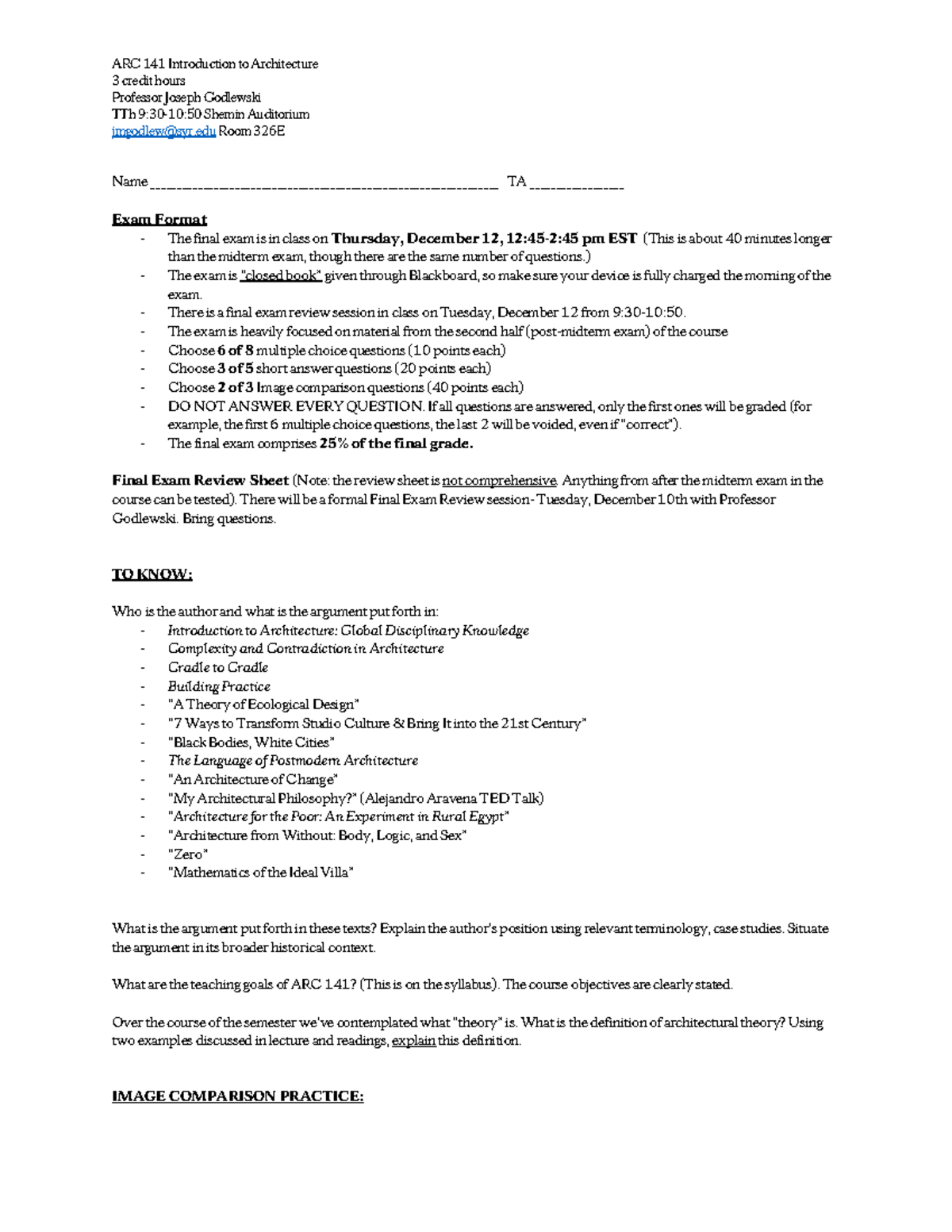 ARC 141 Final Exam Review Sheet - Key Concepts & Strategies - Studocu