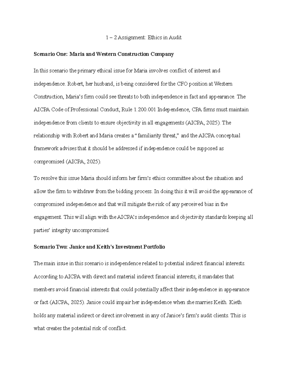 ACC411 Ethics in Audit: Conflict of Interest Scenarios Analysis - Studocu