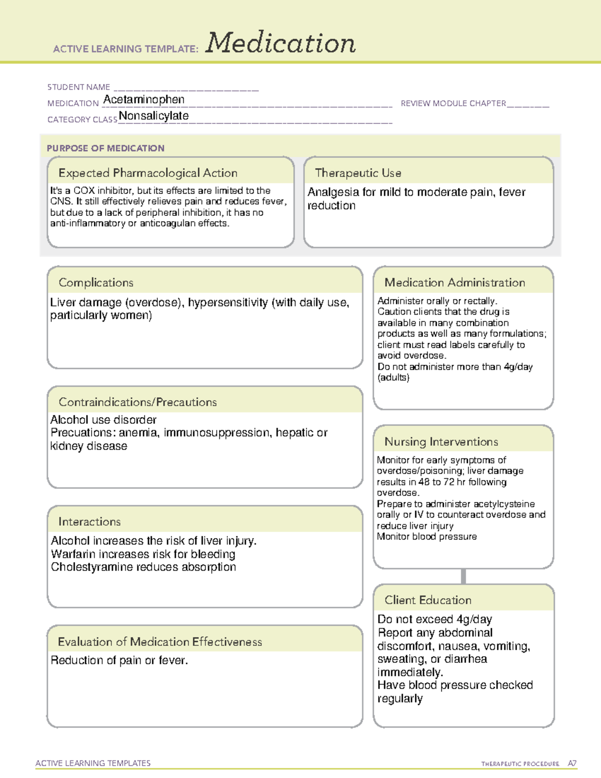 Acetaminophen - med cards - ACTIVE LEARNING TEMPLATES THERAPEUTIC ...