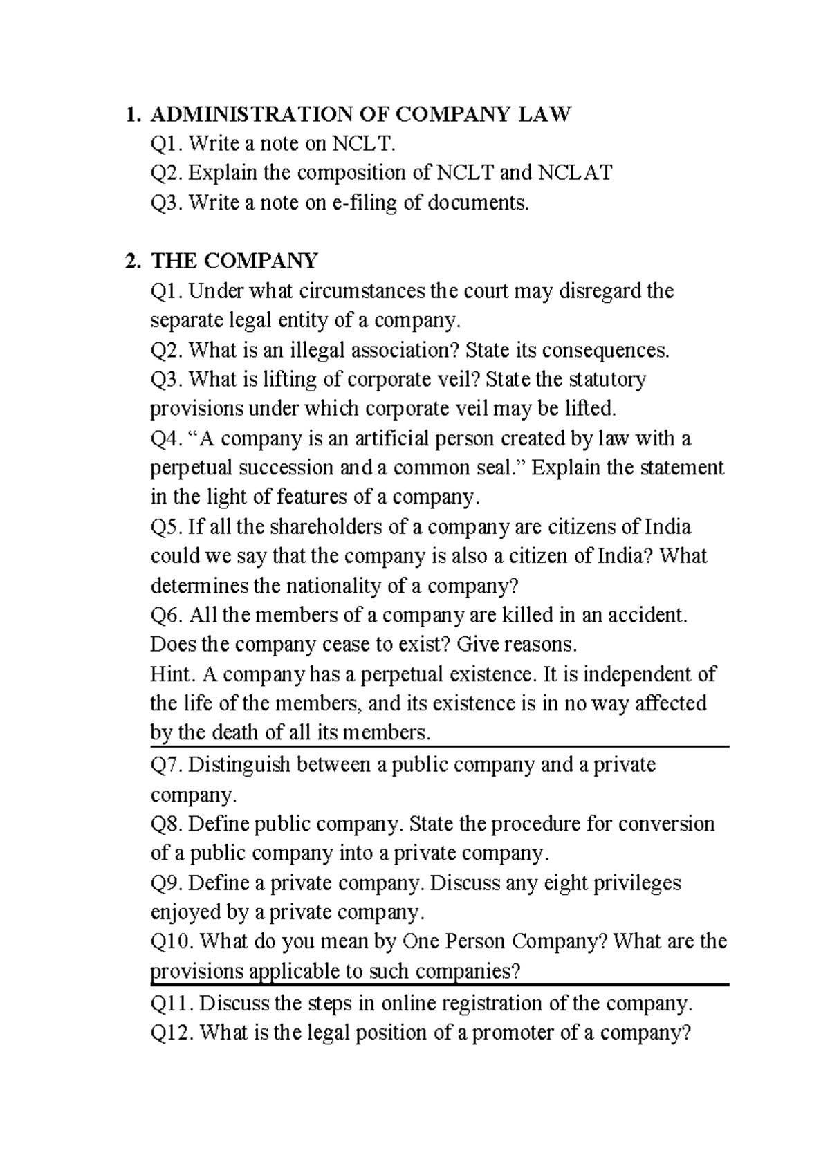 Important Questions - ADMINISTRATION OF COMPANY LAW (Q1-Q6 ...