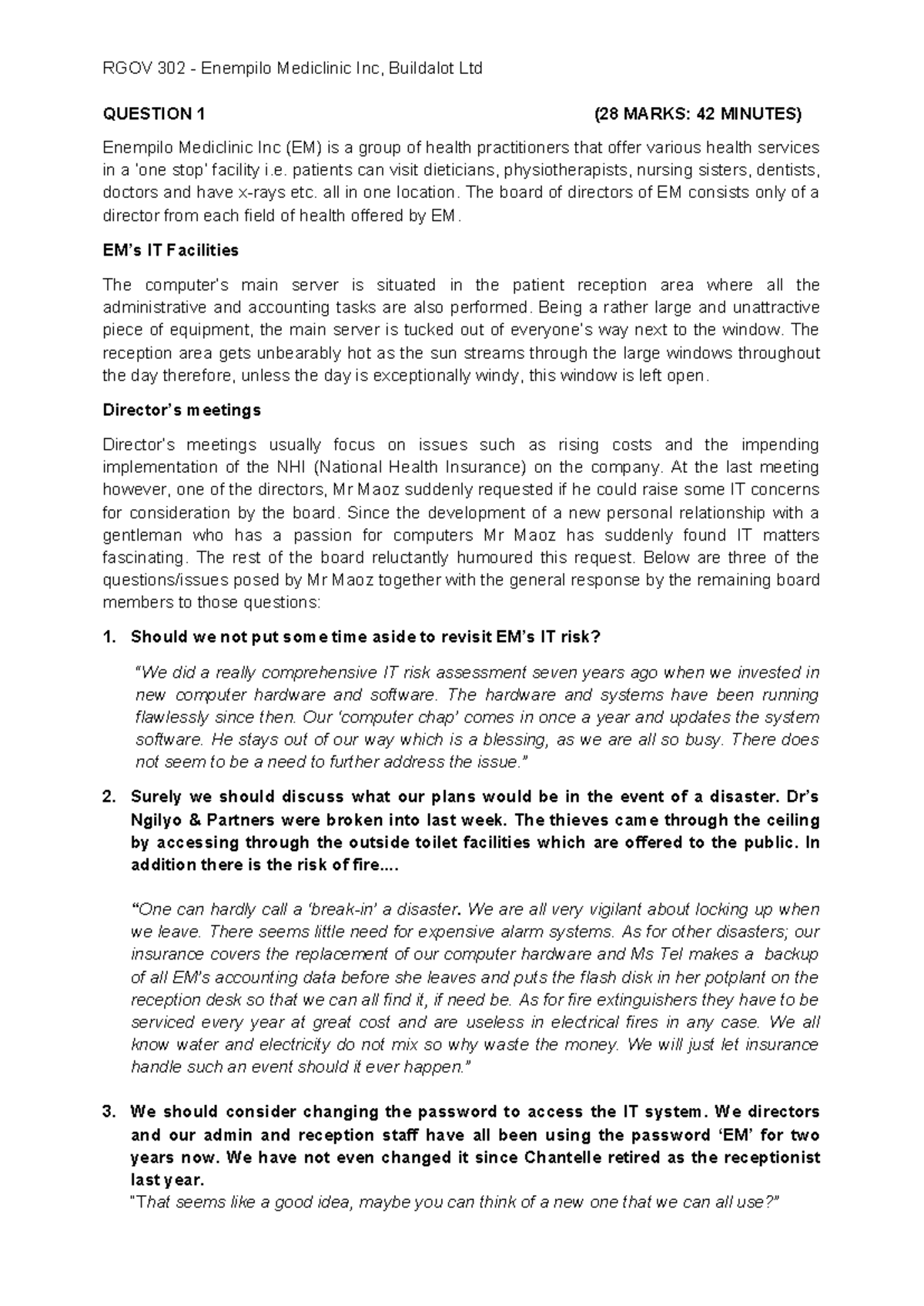 RGOV 302 - Assignment Questions on IT Controls for Enempilo Mediclinic ...