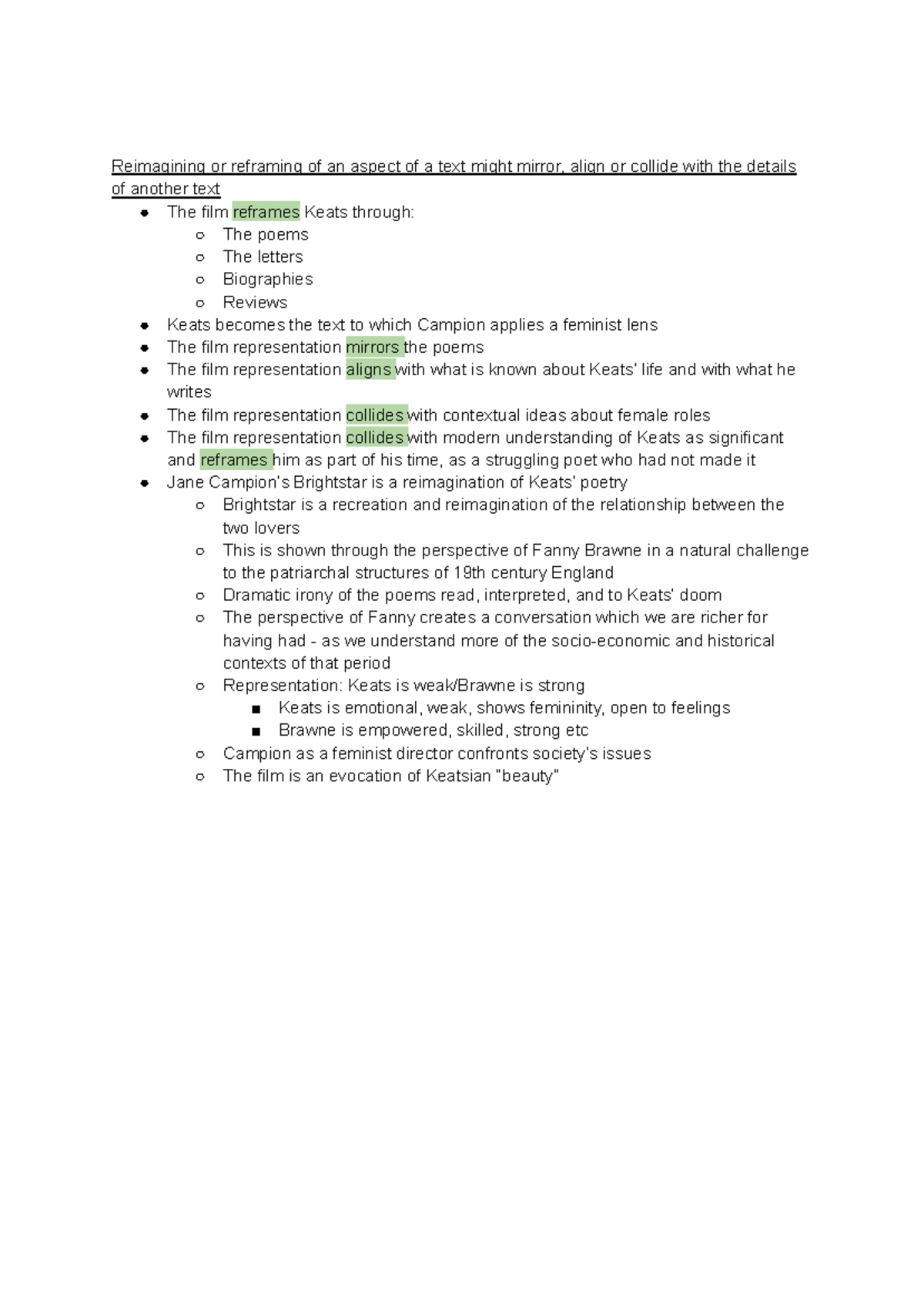 ENG ADV: John Keats Analysis - Feminist Reinterpretation in Film - Studocu