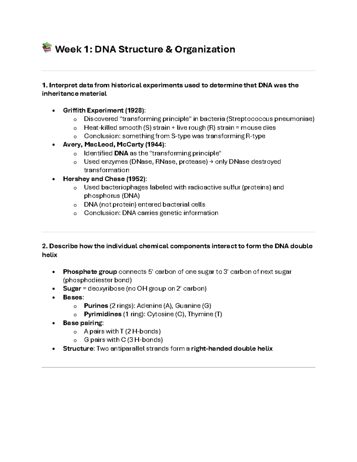 Week 1-6: DNA Structure, Replication, and Gene Expression Study Guide ...
