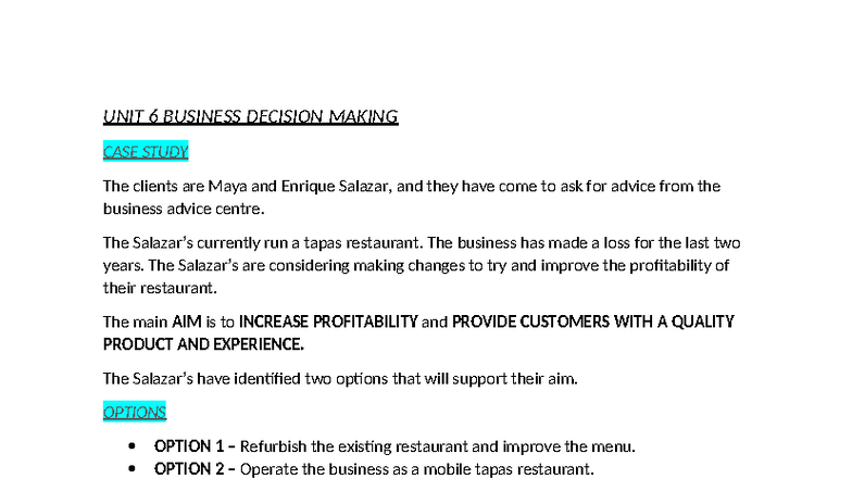 UNIT 6 Business Decision Making Case Study: Salazar's Restaurant ...