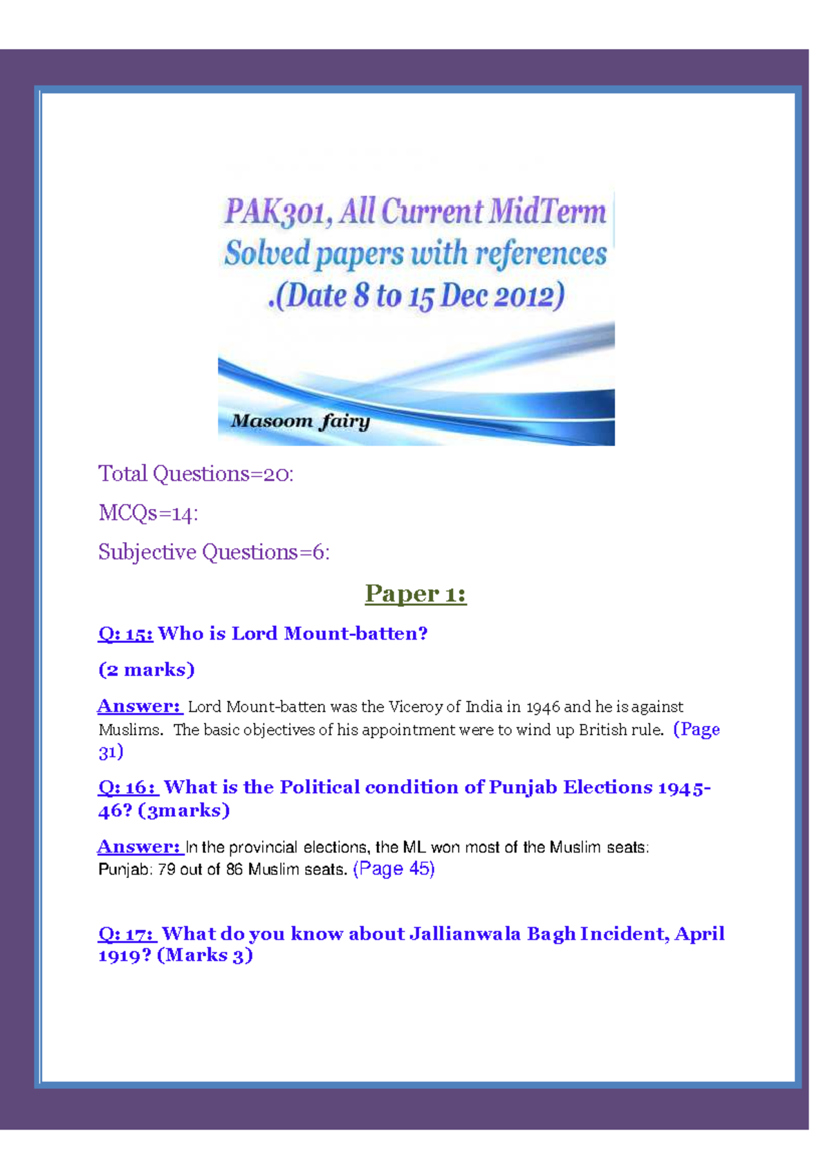 PAK301 Current Solved Papers for History and Politics Exam Prep - Studocu