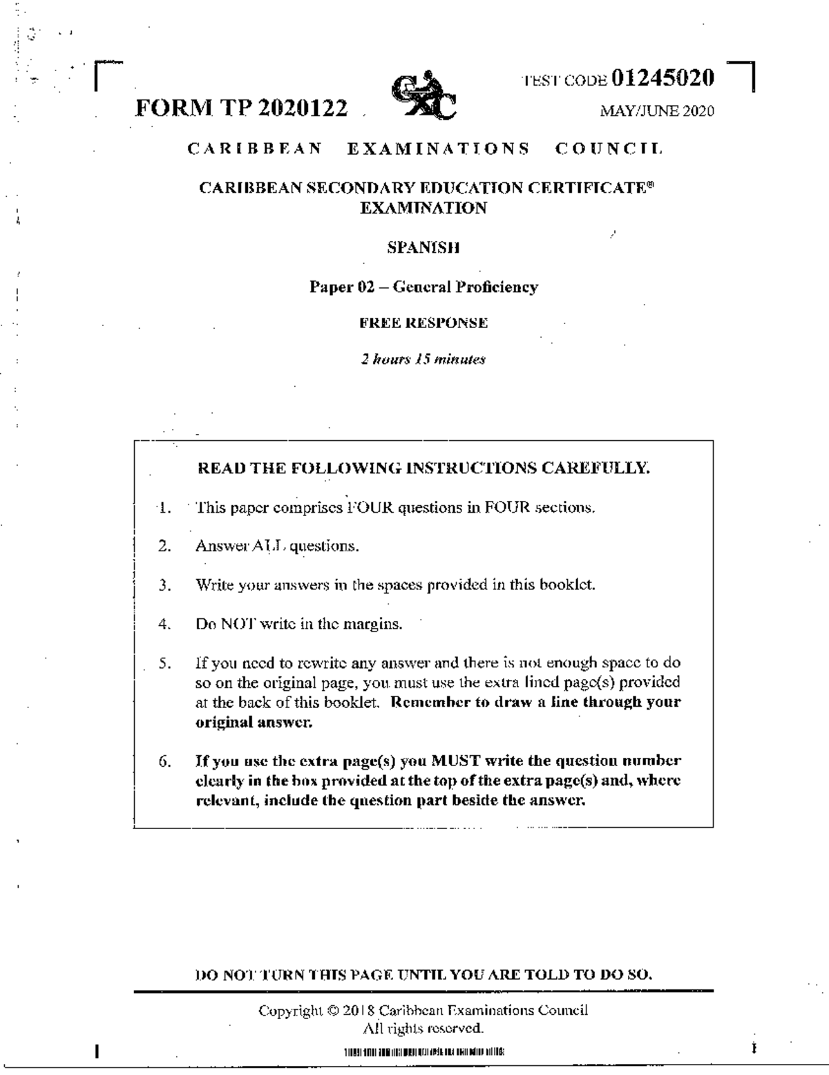 CSEC Spanish P2 2020 Exam Paper - Free Response Section - Studocu