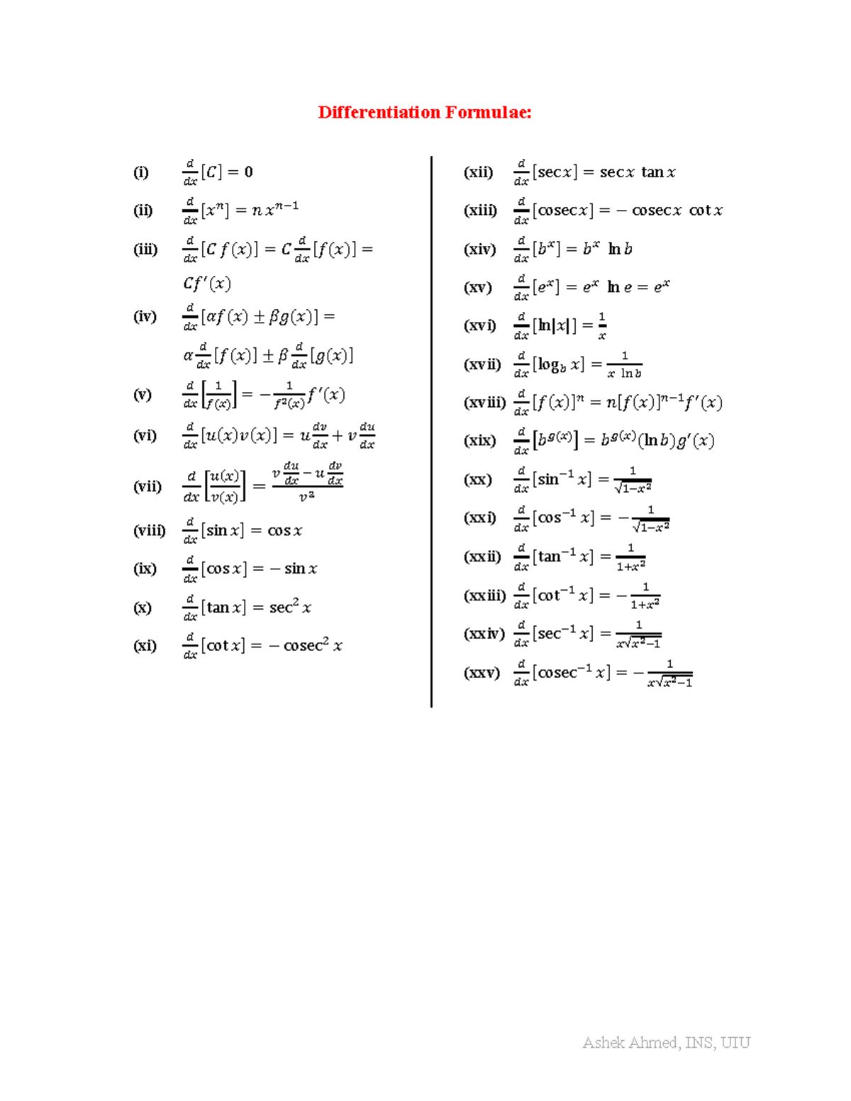 Differentiation Formulae Notes for Calculus 101 - Studocu