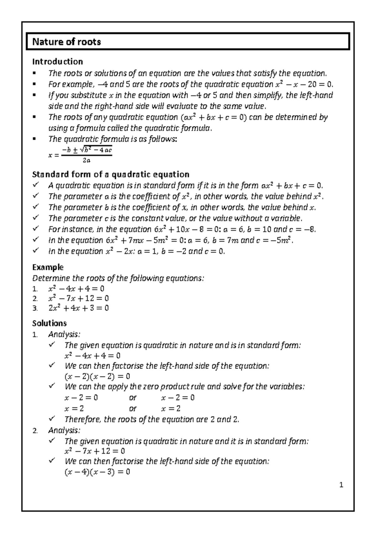 KRN11 - Understanding the Nature of Roots in Quadratic Equations - Studocu