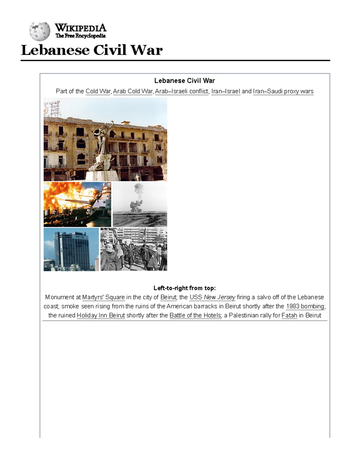 Lebanese Civil War - Wikipedia - Lebanese Civil War Part of the Cold ...
