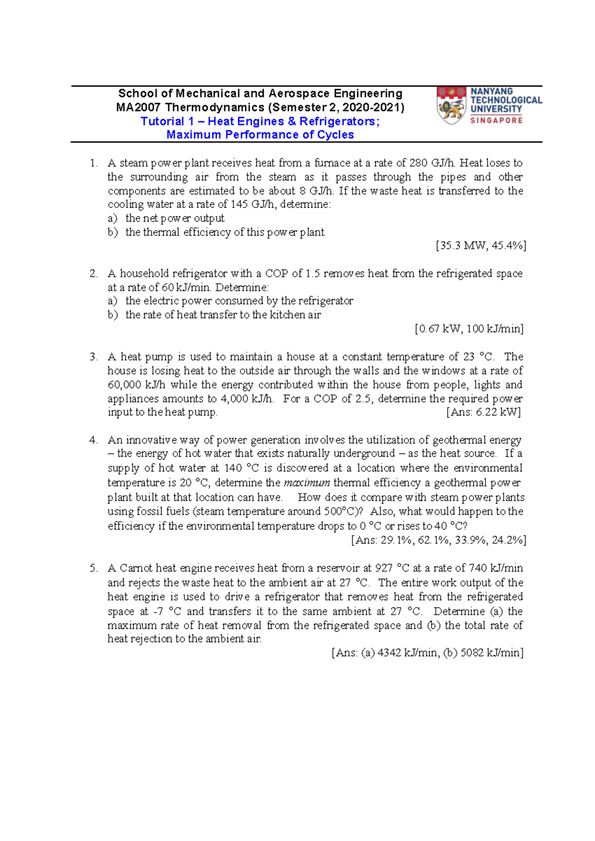 MA2007 Thermodynamics Tutorials 1 to 7 Solutions and Analysis - Studocu