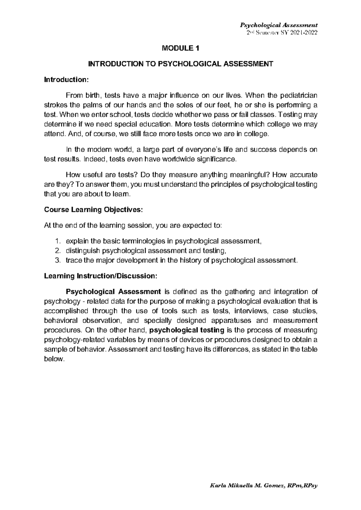Module 1: Intro to Psych Assessment (PSY 101) - Key Concepts ...